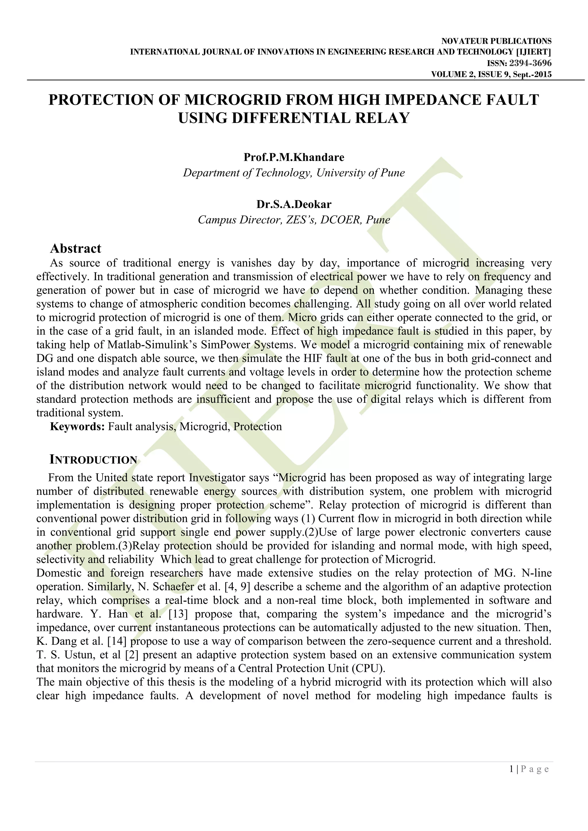 PROTECTION OF MICROGRID FROM HIGH IMPEDANCE FAULT USING DIFFERENTIAL RELAY | PDF