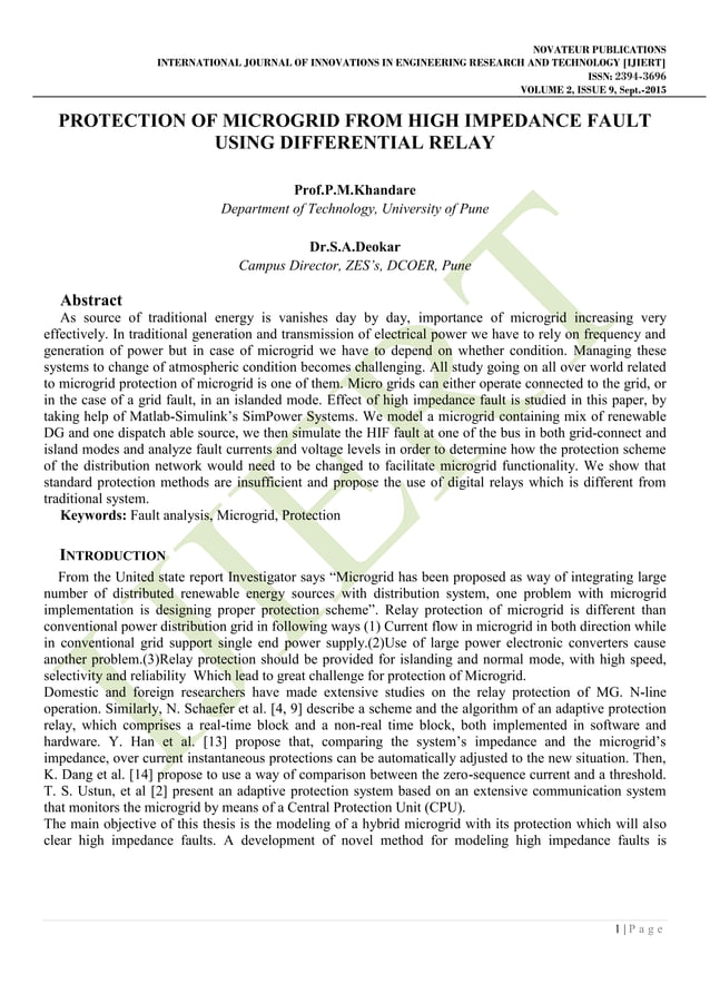 PROTECTION OF MICROGRID FROM HIGH IMPEDANCE FAULT USING DIFFERENTIAL RELAY | PDF