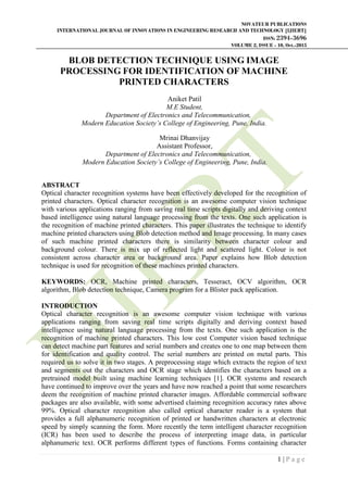 BLOB DETECTION TECHNIQUE USING IMAGE PROCESSING FOR IDENTIFICATION OF MACHINE PRINTED CHARACTERS ...