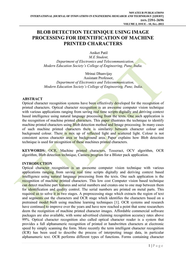 Blob Detection Technique Using Image Processing For Identification Of Machine Printed Characters