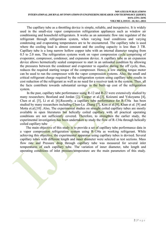 ANALYSIS OF VAPOR COMPRESSION REFRIGERATION SYSTEM WITH DIFFERENT CONFIGURATIONS OF CAPILLARY ...