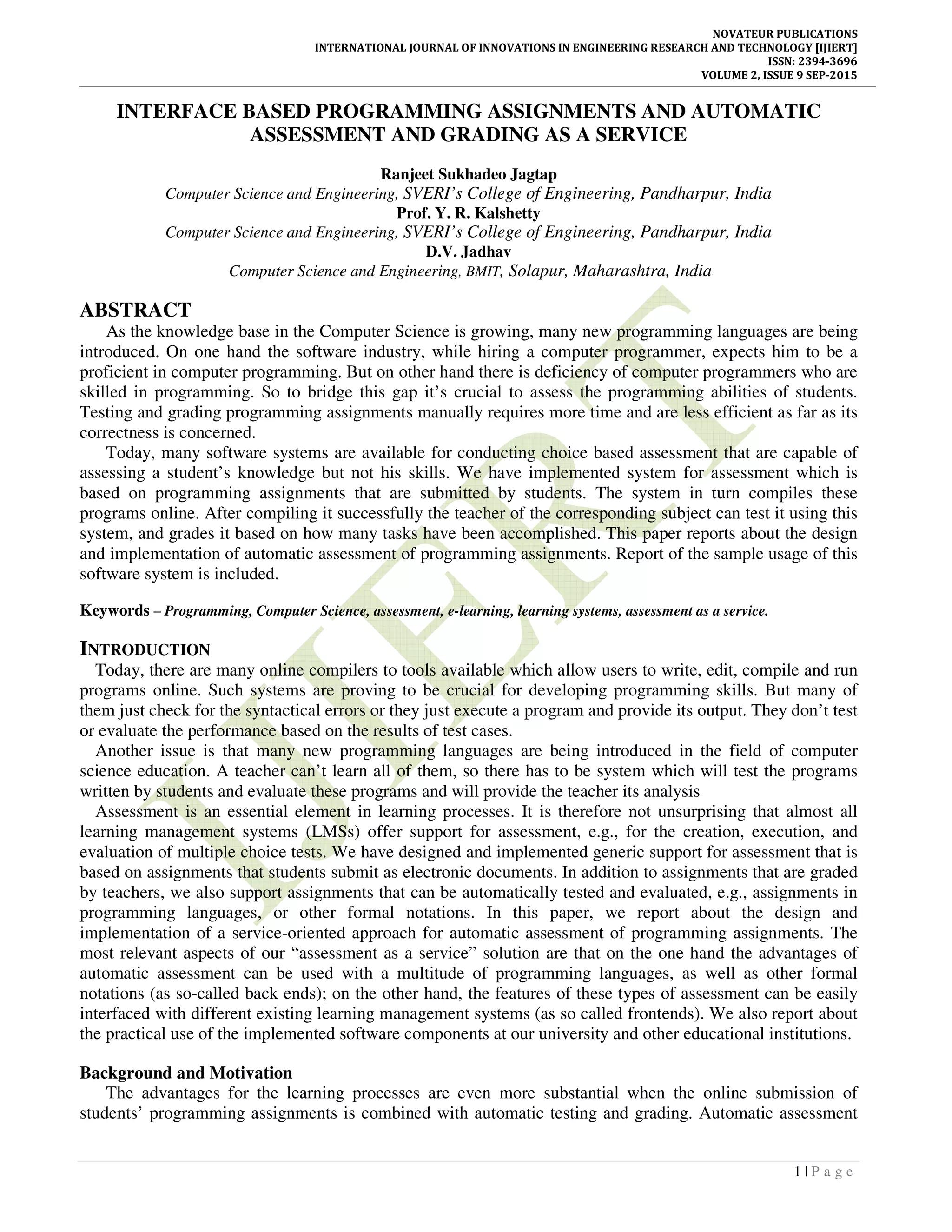 INTERFACE BASED PROGRAMMING ASSIGNMENTS AND AUTOMATIC ASSESSMENT AND GRADING AS A SERVICE | PDF ...