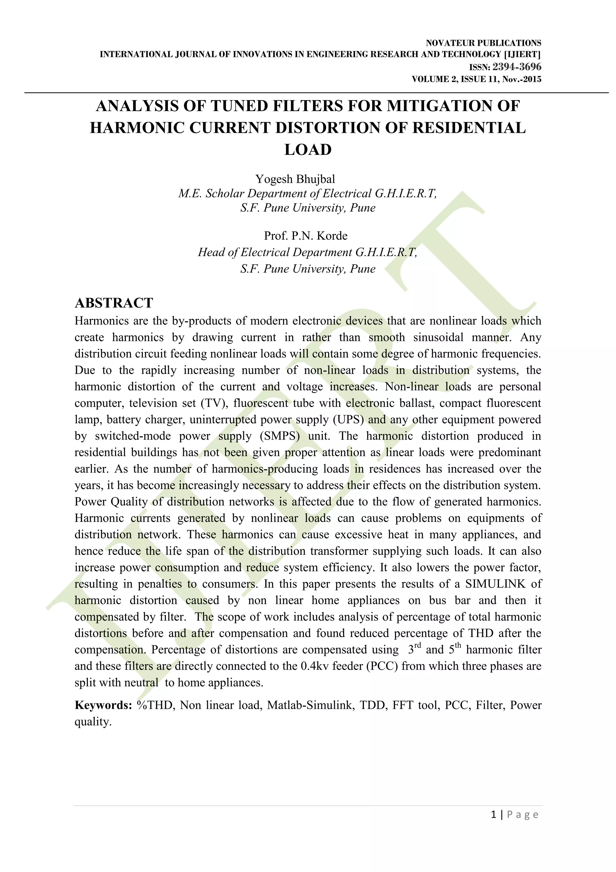 ANALYSIS OF TUNED FILTERS FOR MITIGATION OF HARMONIC CURRENT DISTORTION OF RESIDENTIAL LOAD | PDF