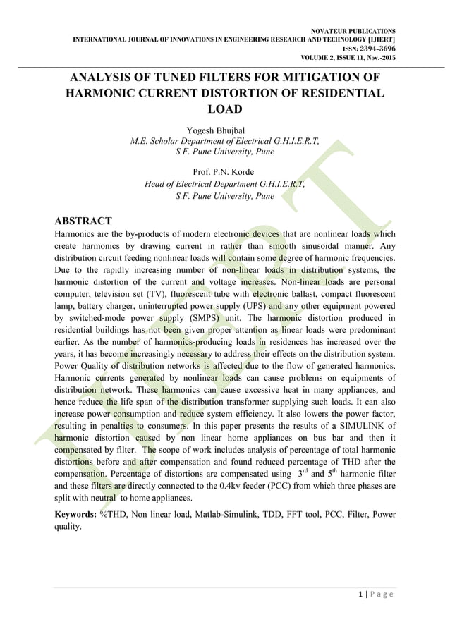 ANALYSIS OF TUNED FILTERS FOR MITIGATION OF HARMONIC CURRENT DISTORTION OF RESIDENTIAL LOAD | PDF