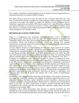 ADOPTION OF CLOUD COMPUTING IN HIGHER EDUCATION INSTITUTION IN NIGERIA | PDF