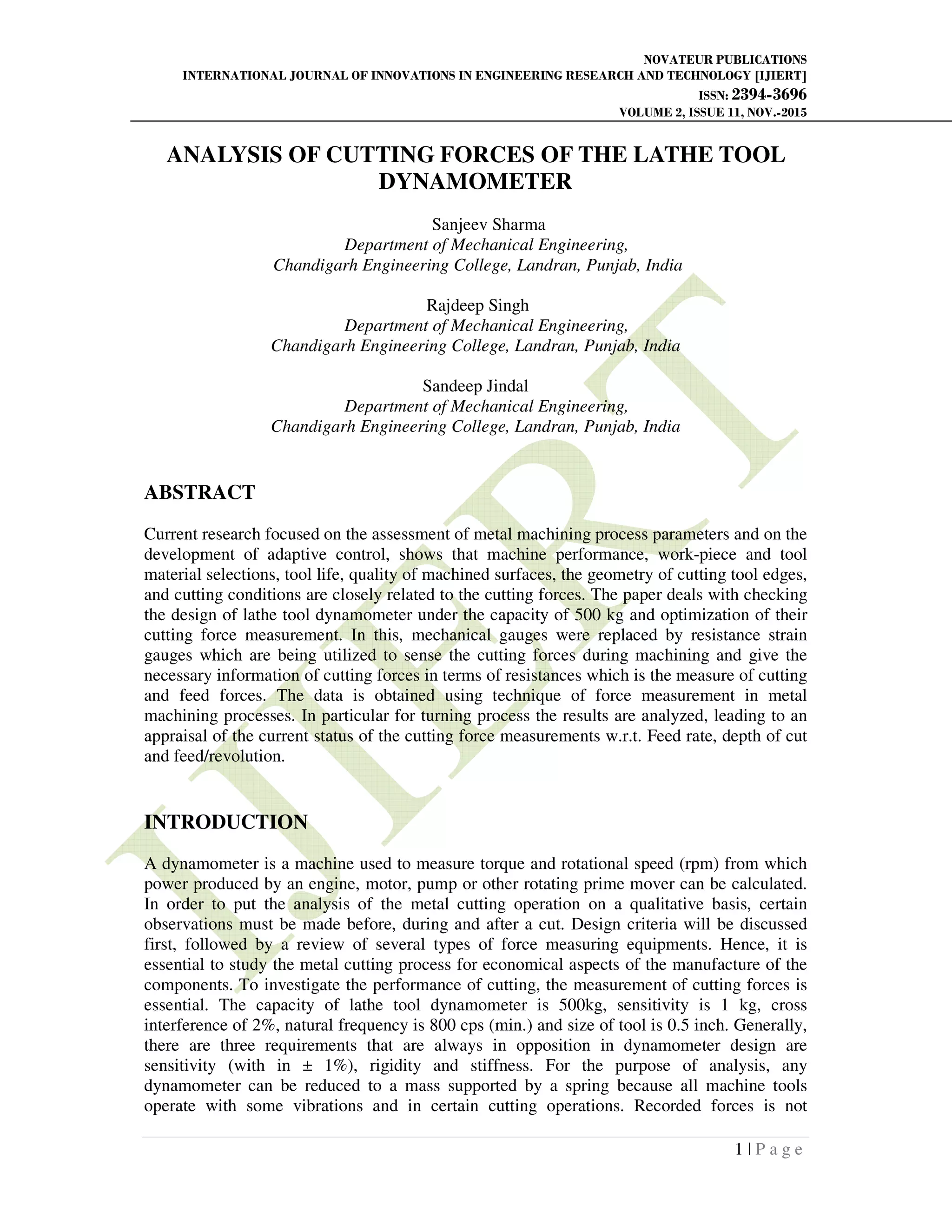 ANALYSIS OF CUTTING FORCES OF THE LATHE TOOL DYNAMOMETER | PDF