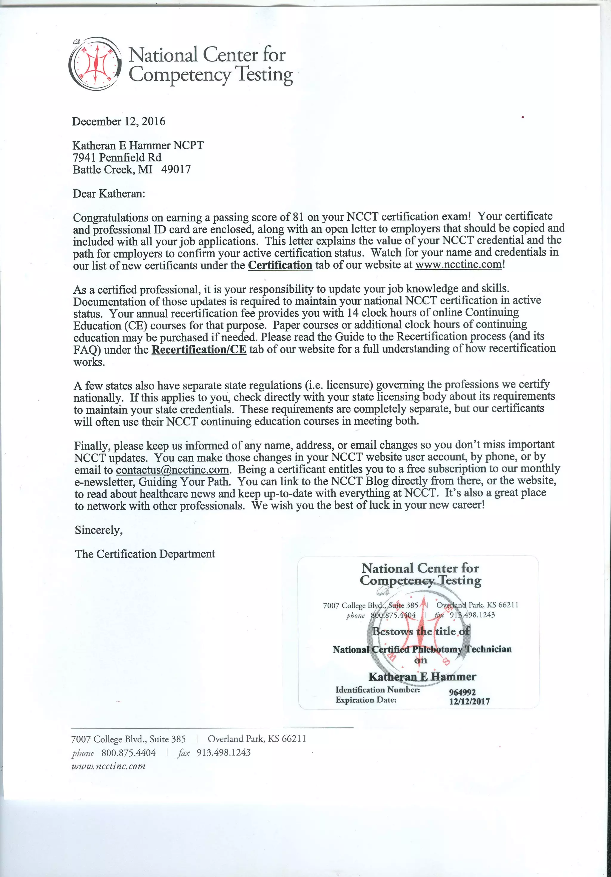NCCT Phlebotomy Certification Card0001 | PDF