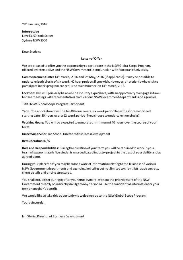 NSW Global Scope - Letter of Offer