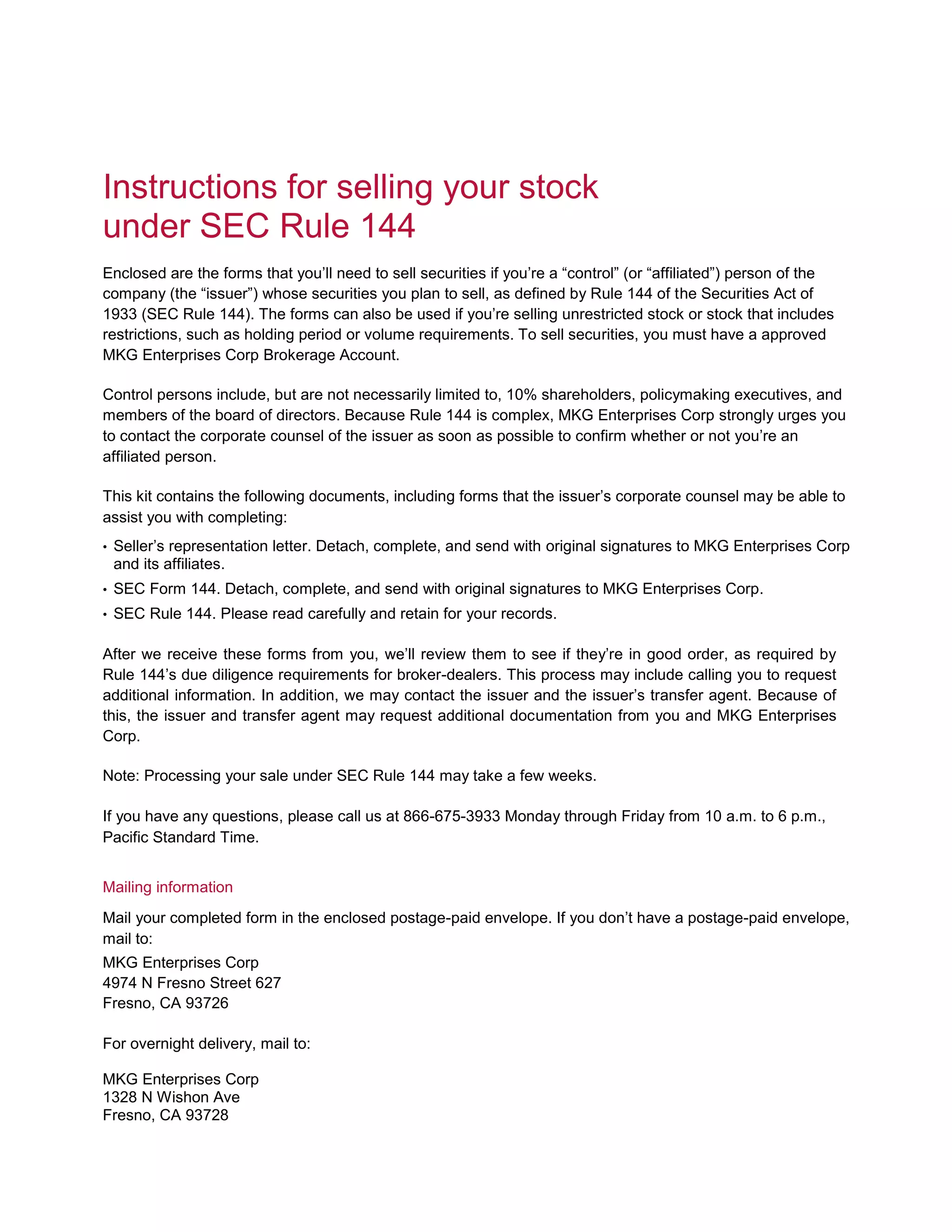 Instructions for selling your stock under SEC Rule 144 | PDF