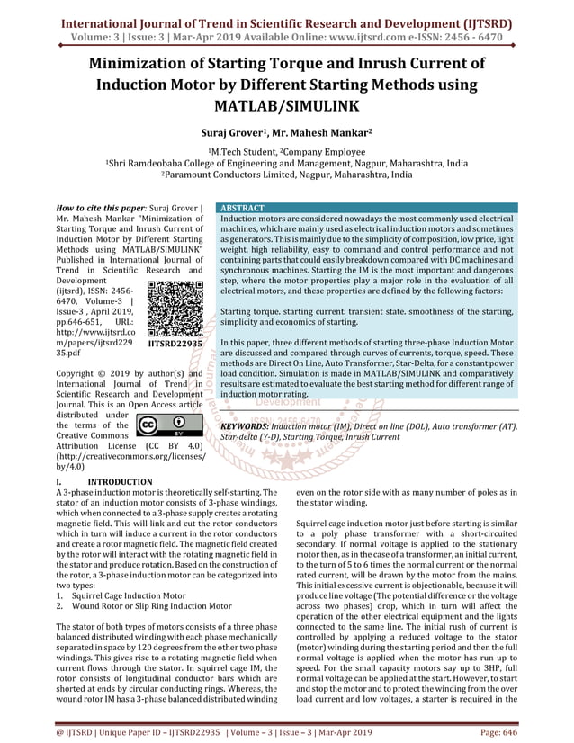 Minimization of Starting Torque and Inrush Current of Induction Motor ...