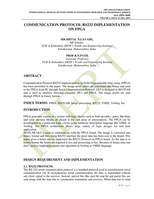 COMMUNICATION PROTOCOL RS232 IMPLEMENTATION ON FPGA | PDF