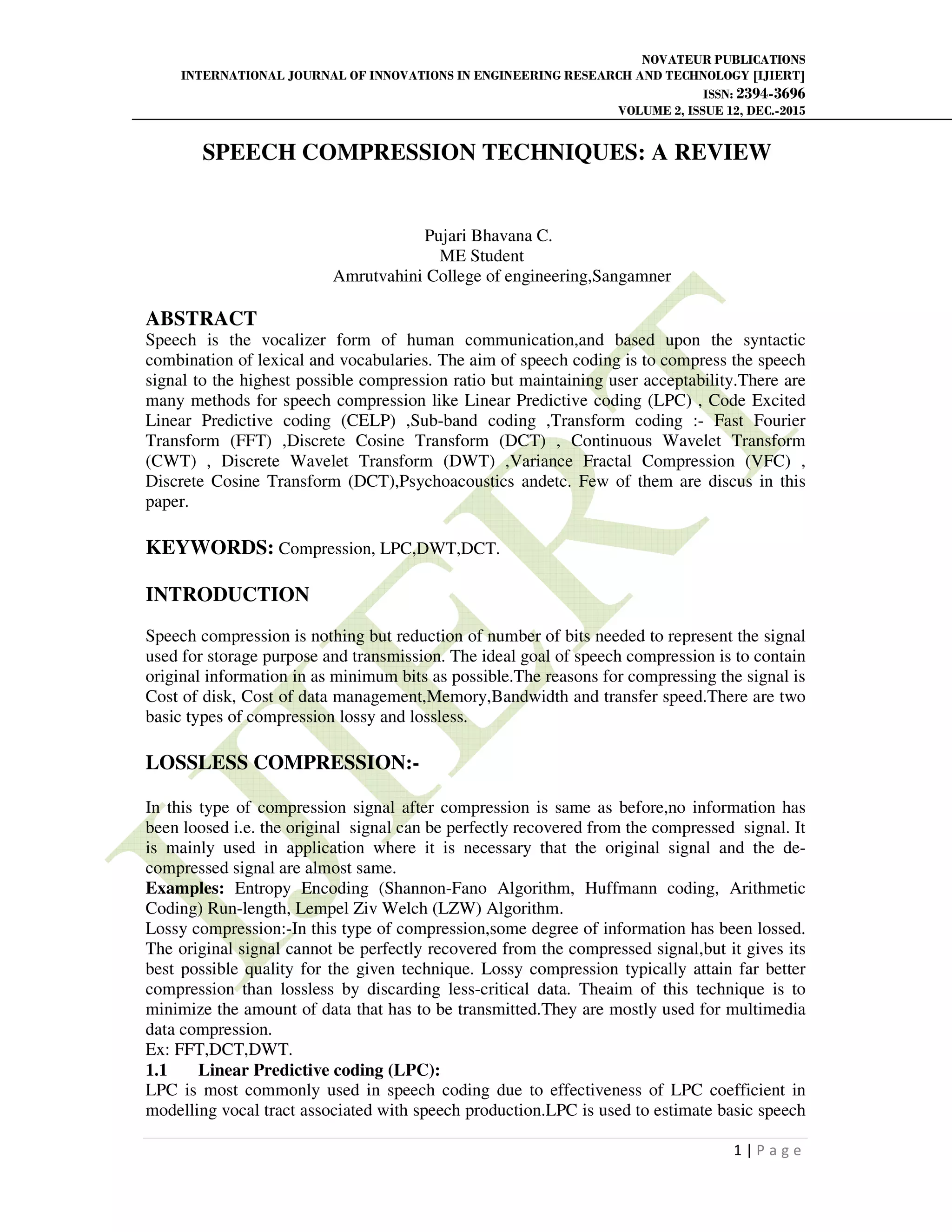 SPEECH COMPRESSION TECHNIQUES: A REVIEW | PDF