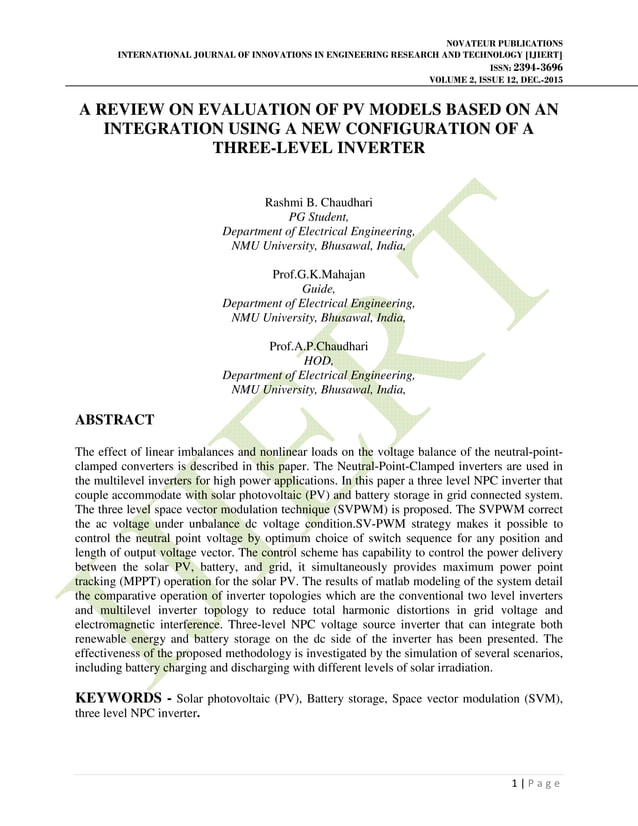 A Review On Evaluation Of Pv Models Based On An Integration Using A New