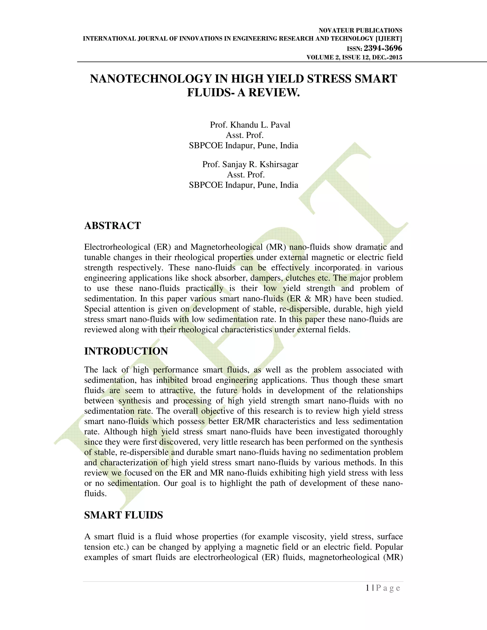 NANOTECHNOLOGY IN HIGH YIELD STRESS SMART FLUIDS- A REVIEW. | PDF