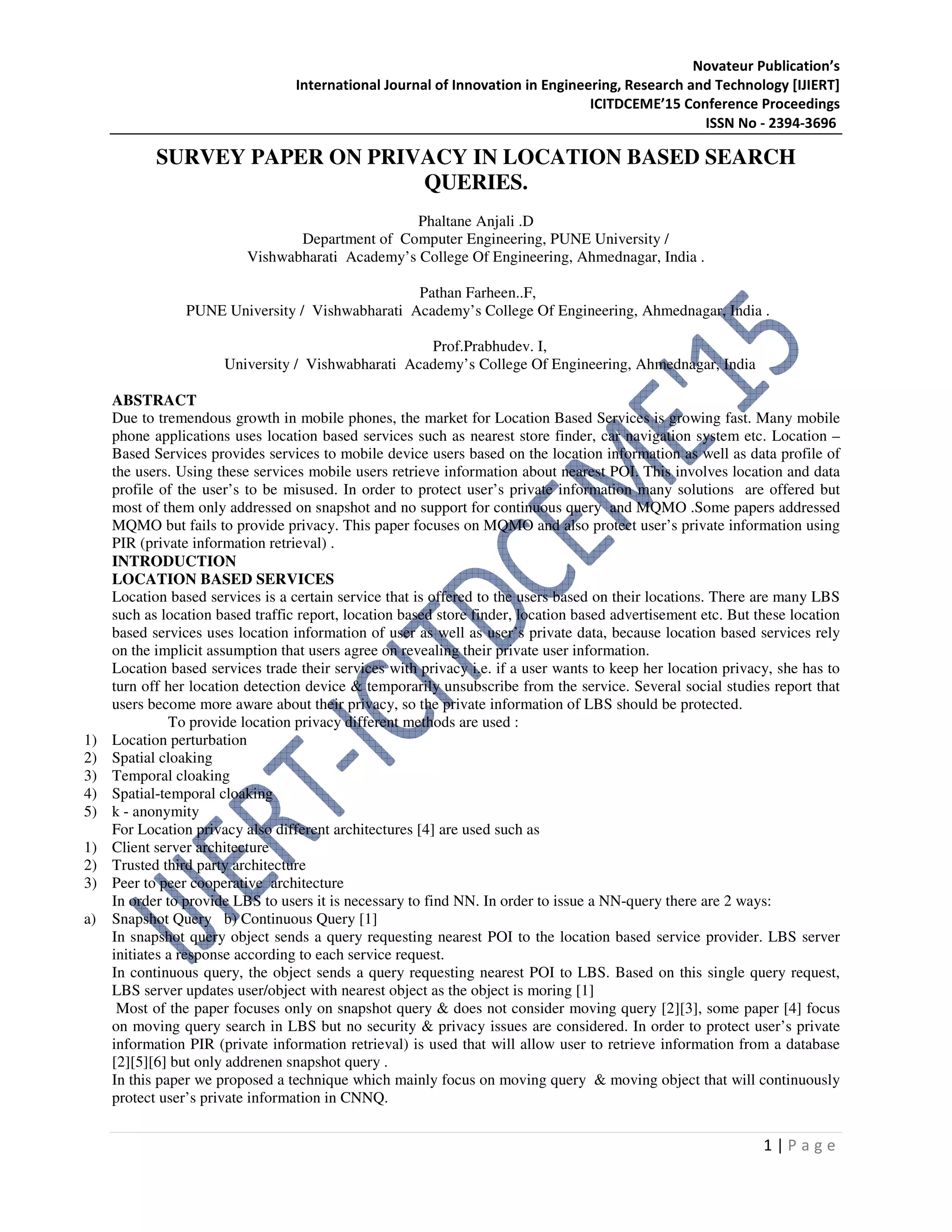 SURVEY PAPER ON PRIVACY IN LOCATION BASED SEARCH QUERIES. | PDF