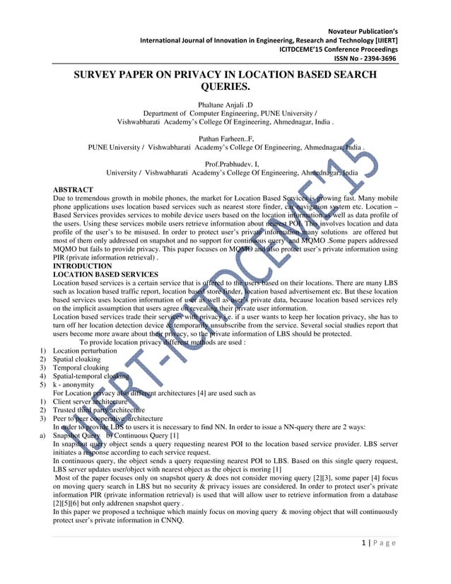 SURVEY PAPER ON PRIVACY IN LOCATION BASED SEARCH QUERIES. | PDF