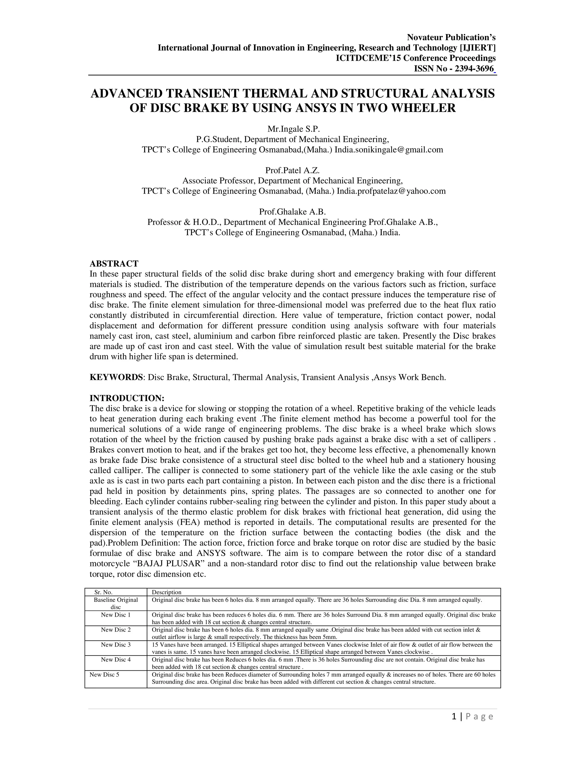 ADVANCED TRANSIENT THERMAL AND STRUCTURAL ANALYSIS OF DISC BRAKE BY USING ANSYS IN TWO WHEELER | PDF