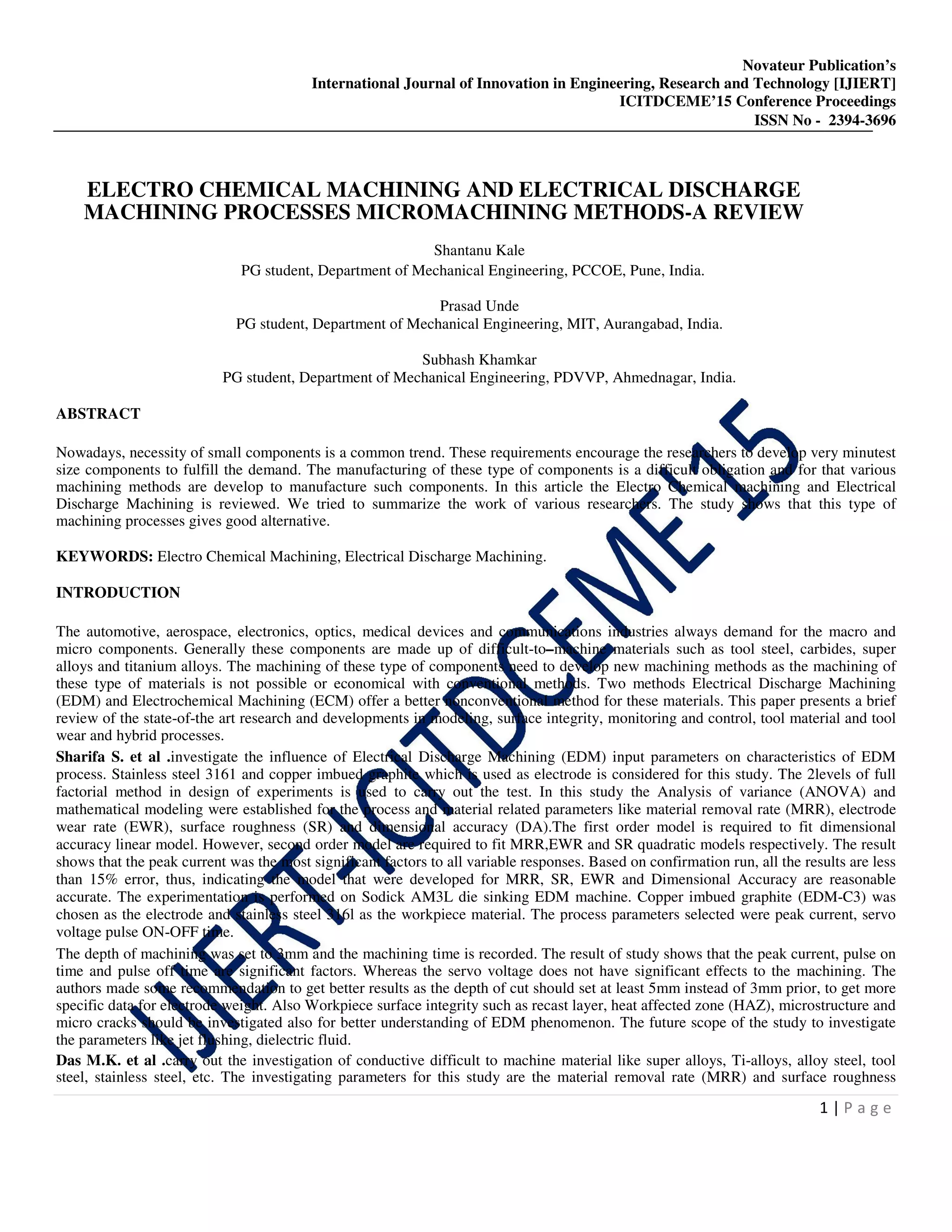 ELECTRO CHEMICAL MACHINING AND ELECTRICAL DISCHARGE MACHINING PROCESSES ...