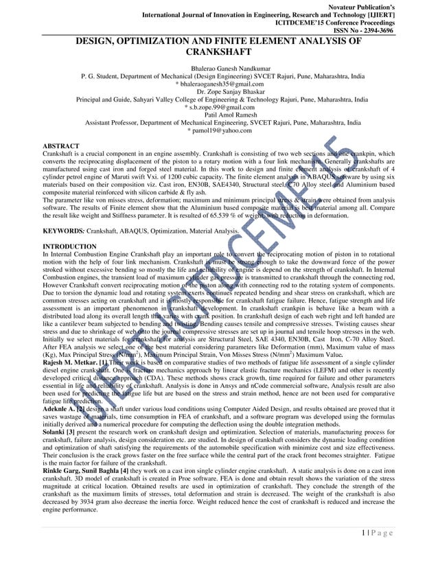 DESIGN, OPTIMIZATION AND FINITE ELEMENT ANALYSIS OF CRANKSHAFT | PDF