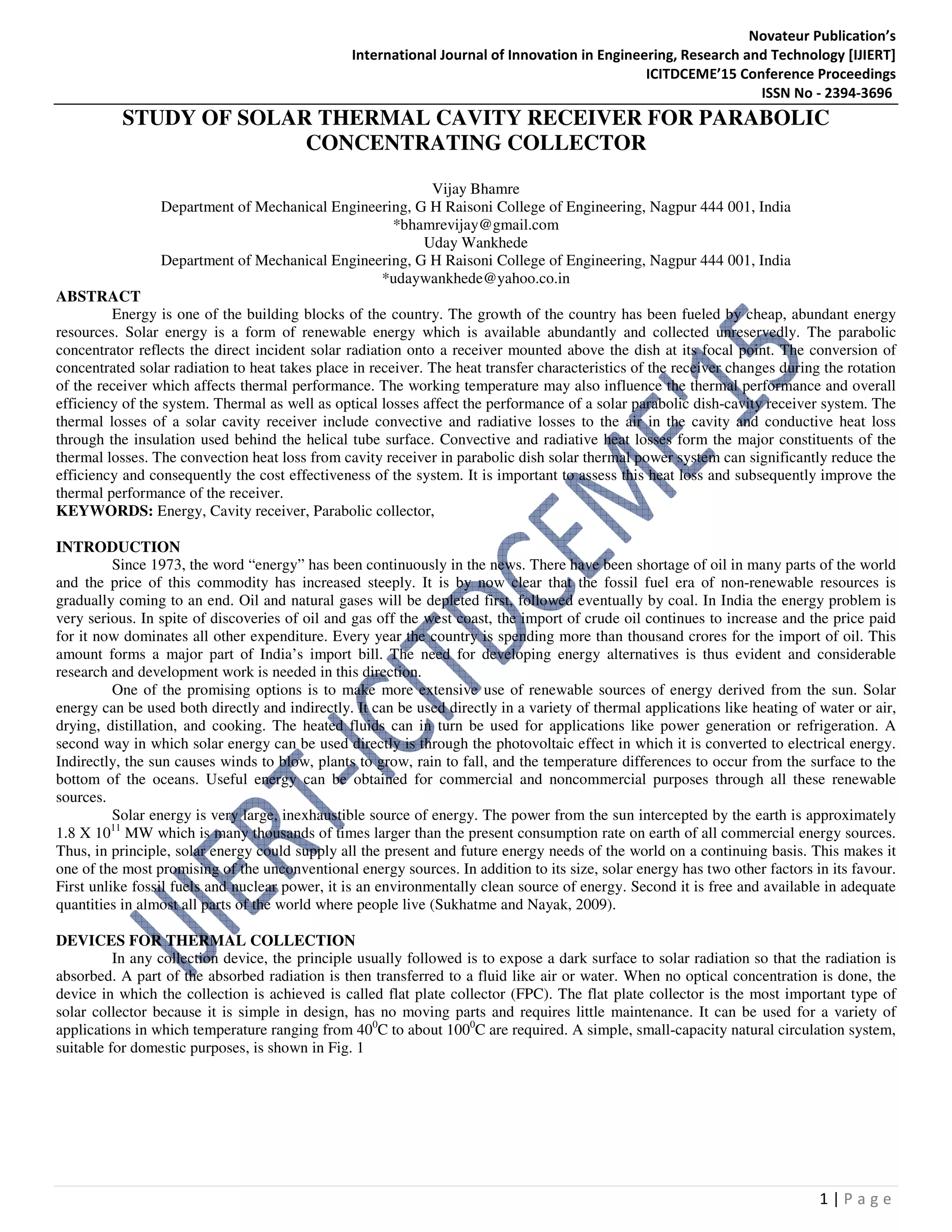 STUDY OF SOLAR THERMAL CAVITY RECEIVER FOR PARABOLIC CONCENTRATING ...