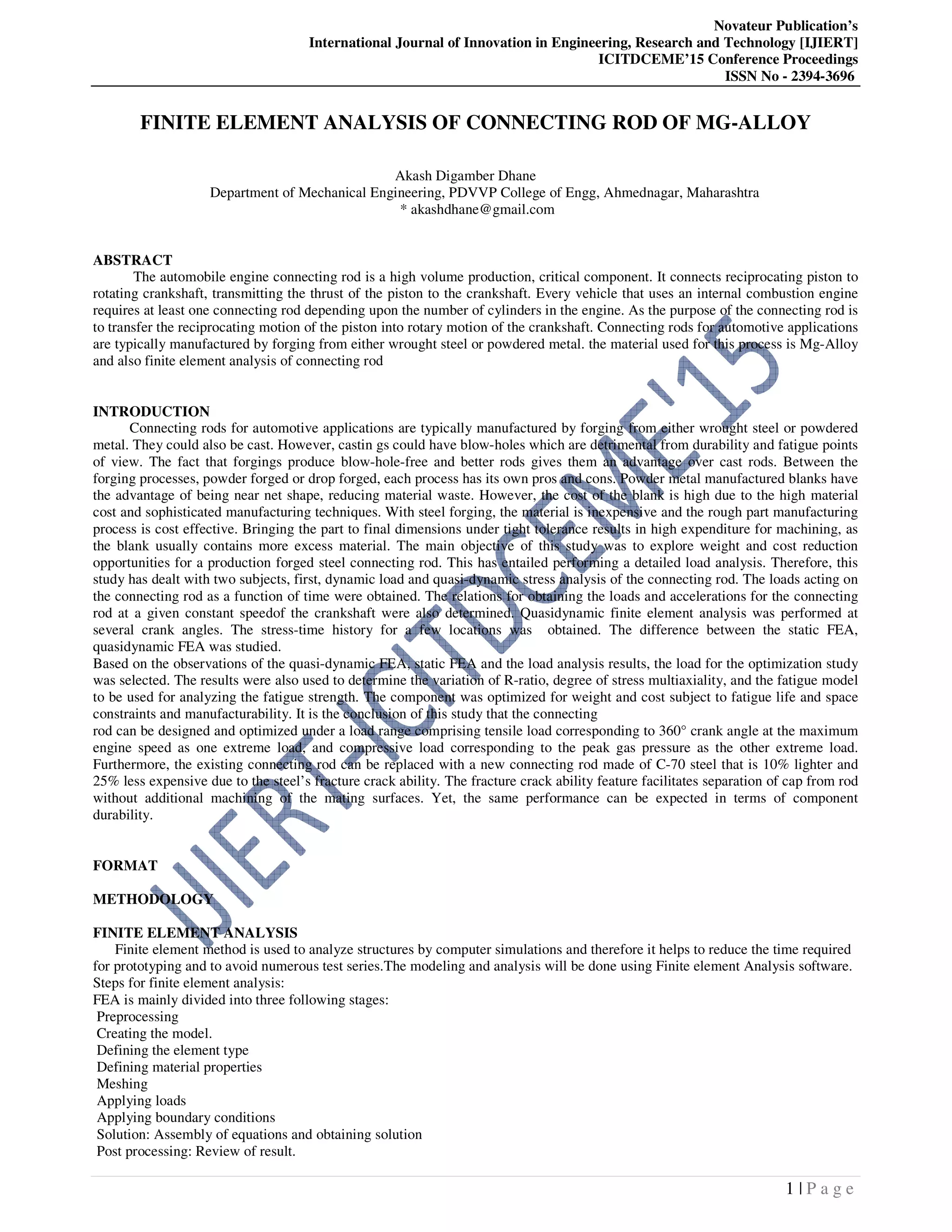 FINITE ELEMENT ANALYSIS OF CONNECTING ROD OF MG-ALLOY | PDF