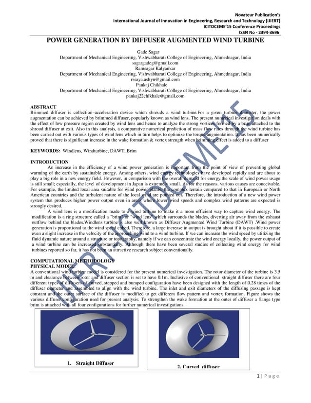 POWER GENERATION BY DIFFUSER AUGMENTED WIND TURBINE | PDF