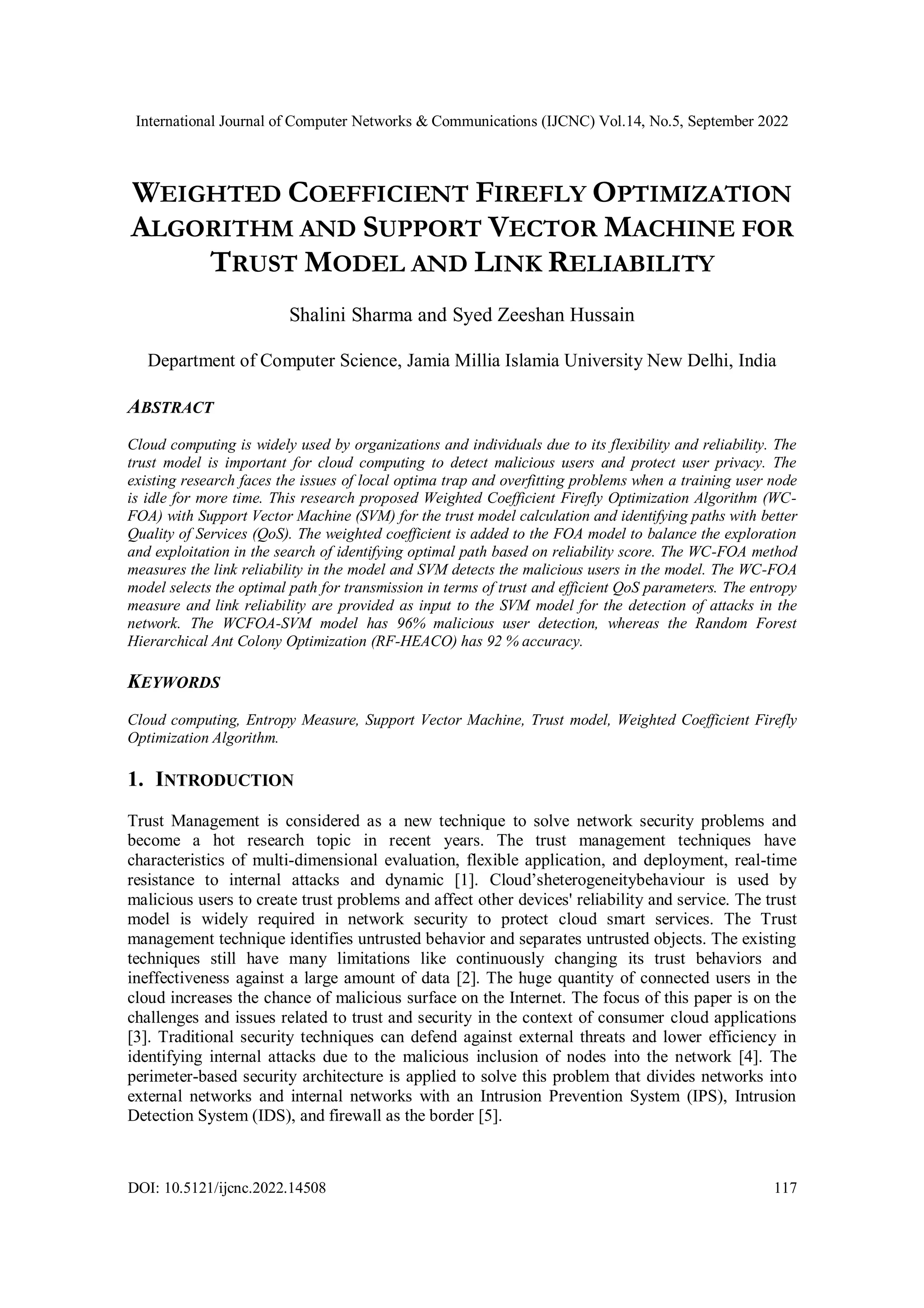 Weighted Coefficient Firefly Optimization Algorithm and Support Vector Machine for Trust Model ...
