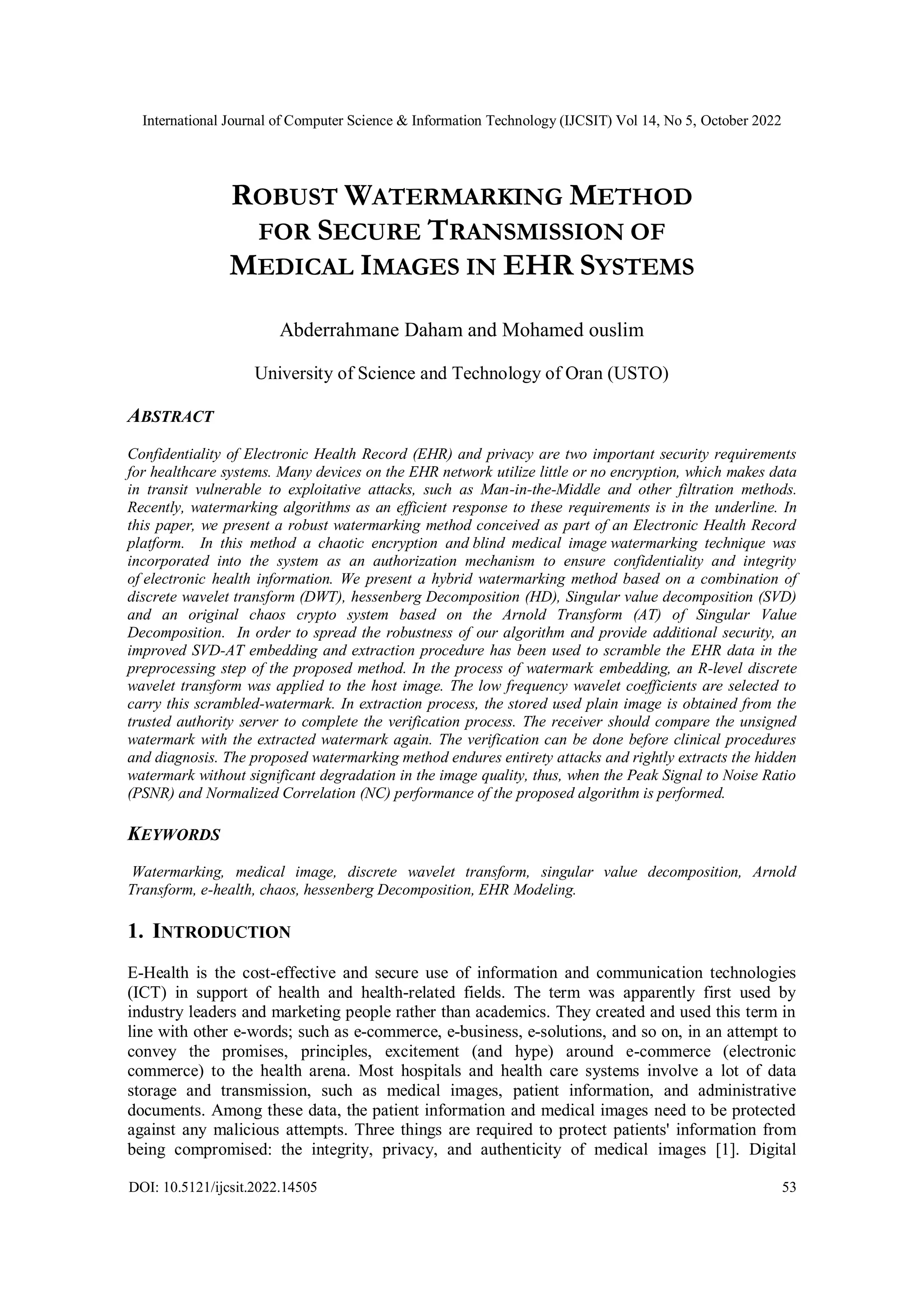 Robust Watermarking Method for Secure Transmission of Medical Images in EHR Systems | PDF