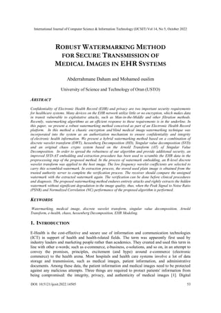 Robust Watermarking Method for Secure Transmission of Medical Images in EHR Systems | PDF