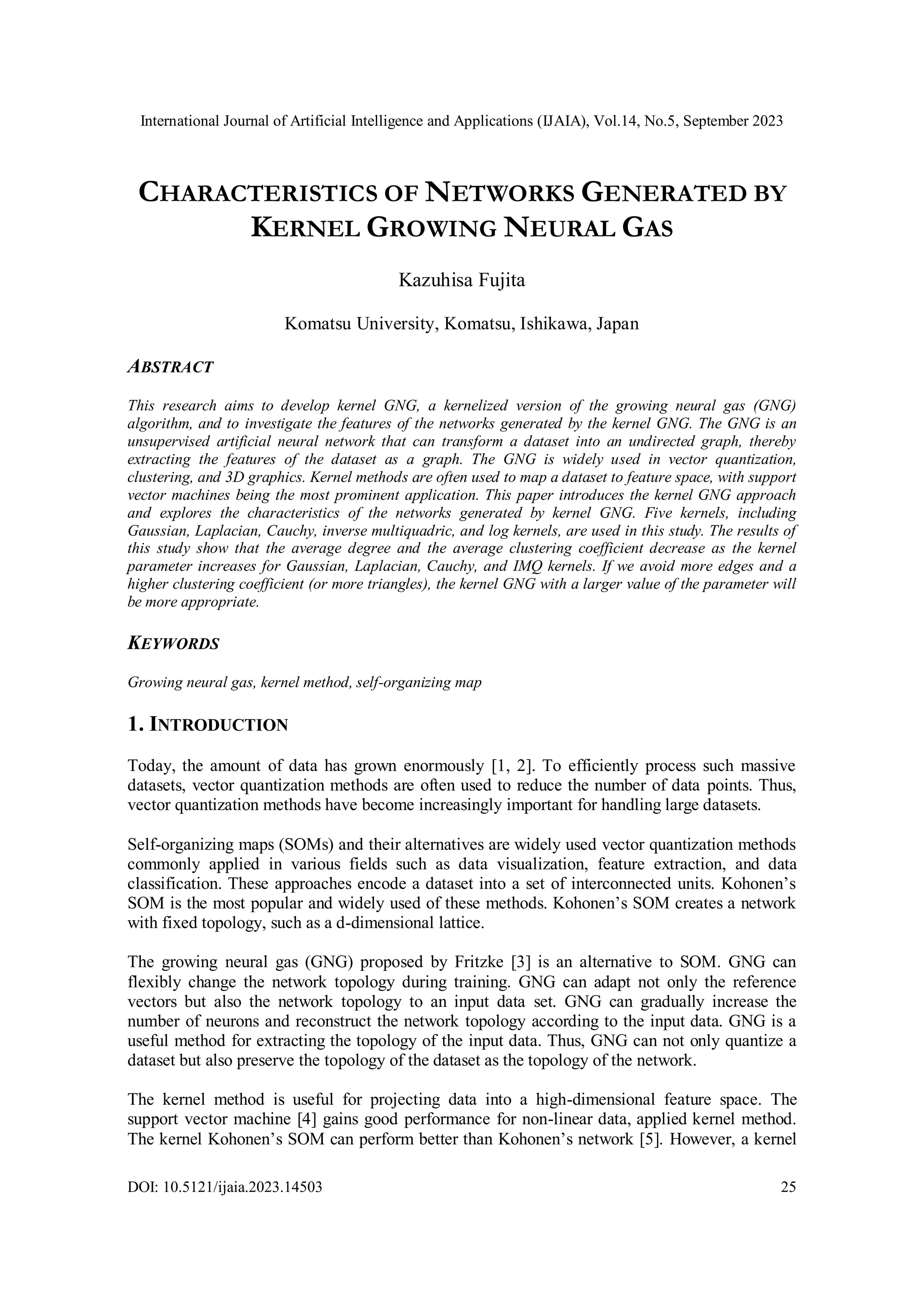 Characteristics of Networks Generated by Kernel Growing Neural Gas | PDF