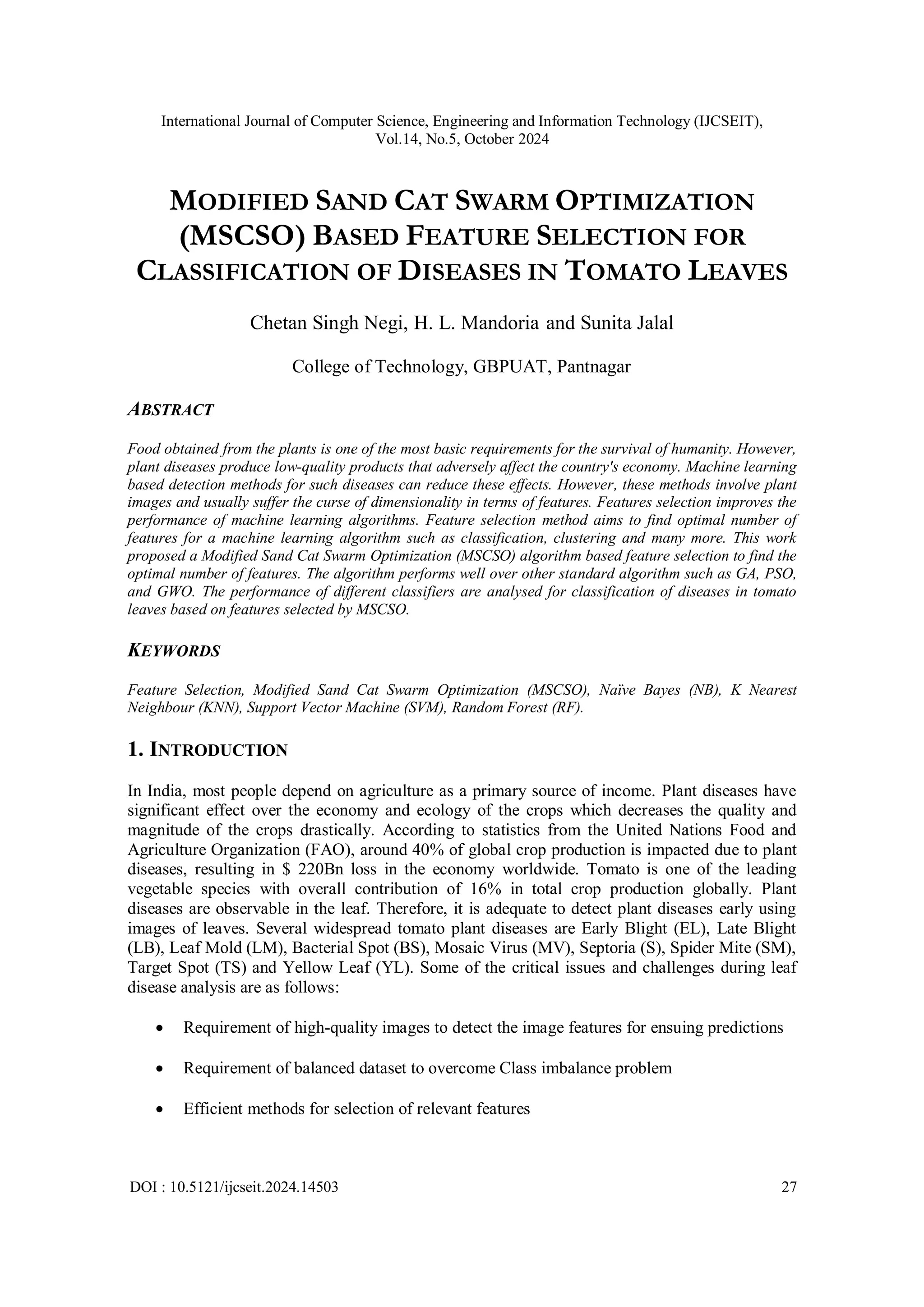 Modified Sand Cat Swarm Optimization (MSCSO) Based Feature Selection for Classification of ...