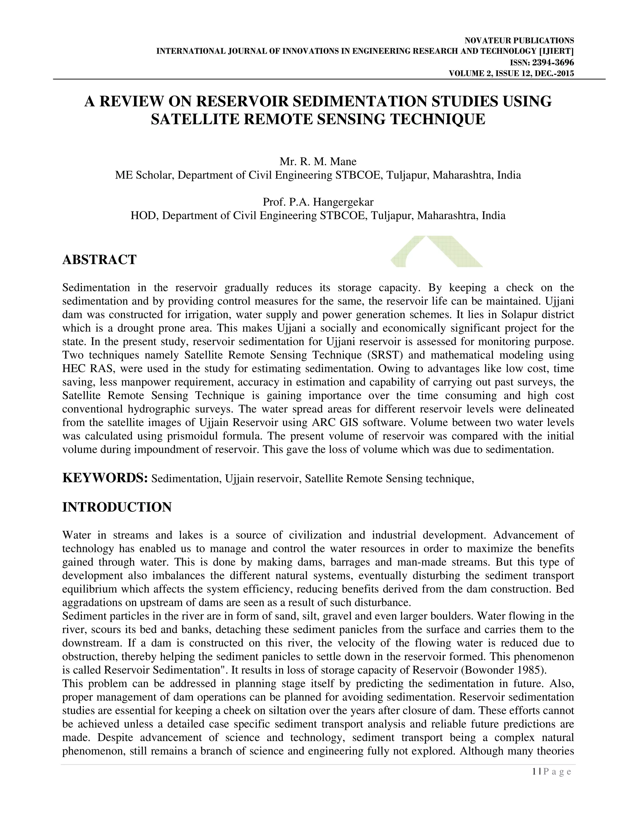 A REVIEW ON RESERVOIR SEDIMENTATION STUDIES USING SATELLITE REMOTE ...