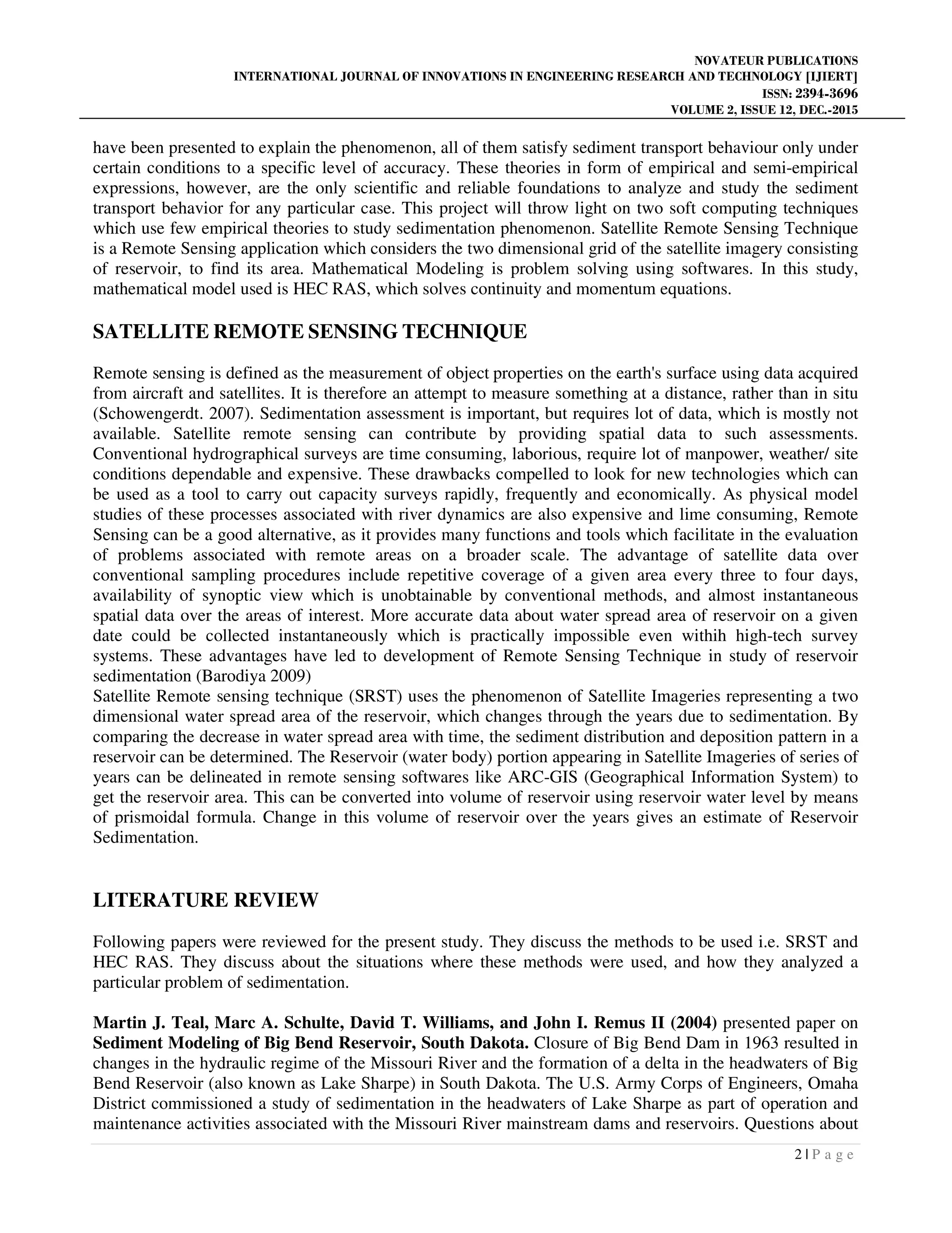 A REVIEW ON RESERVOIR SEDIMENTATION STUDIES USING SATELLITE REMOTE SENSING TECHNIQUE | PDF