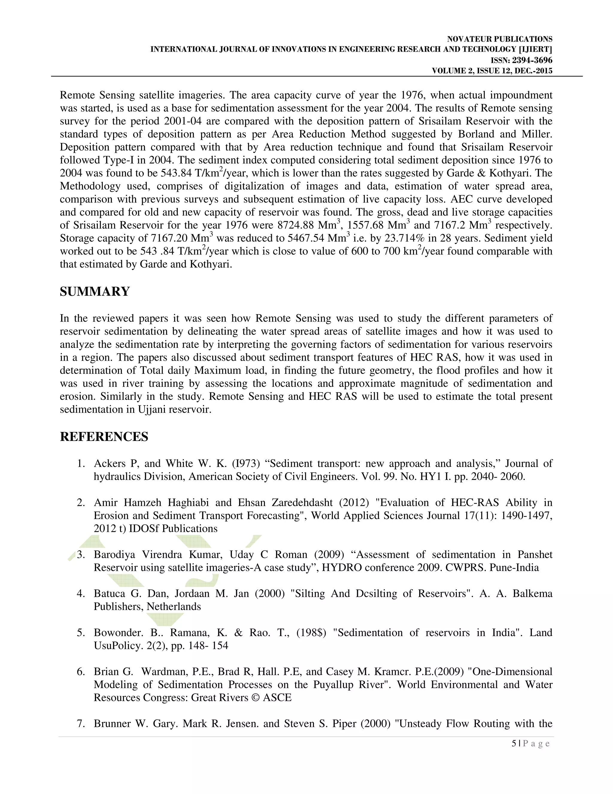 A REVIEW ON RESERVOIR SEDIMENTATION STUDIES USING SATELLITE REMOTE ...