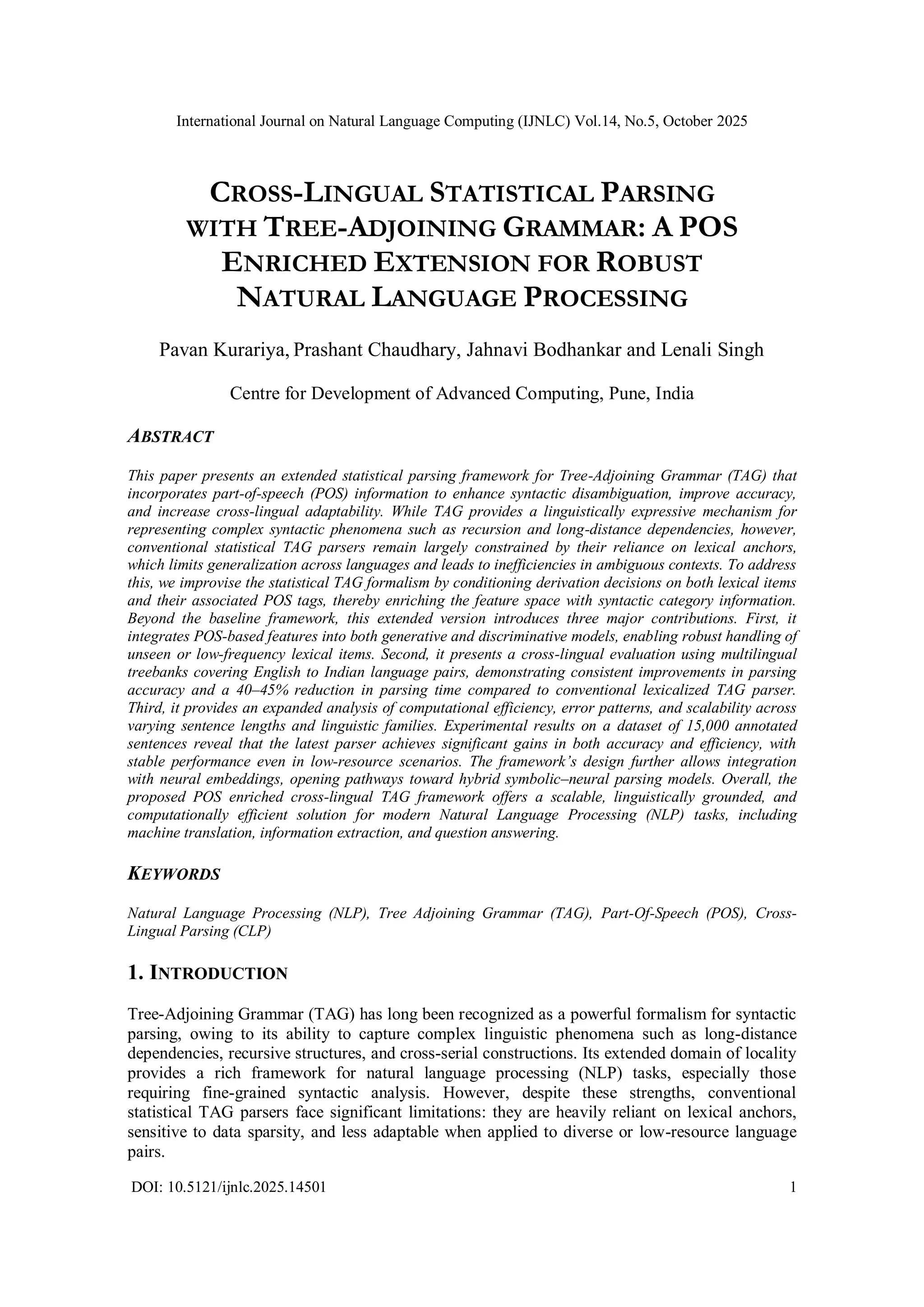 Cross-Lingual Statistical Parsing with Tree-Adjoining Grammar: A POS Enriched Extension for ...