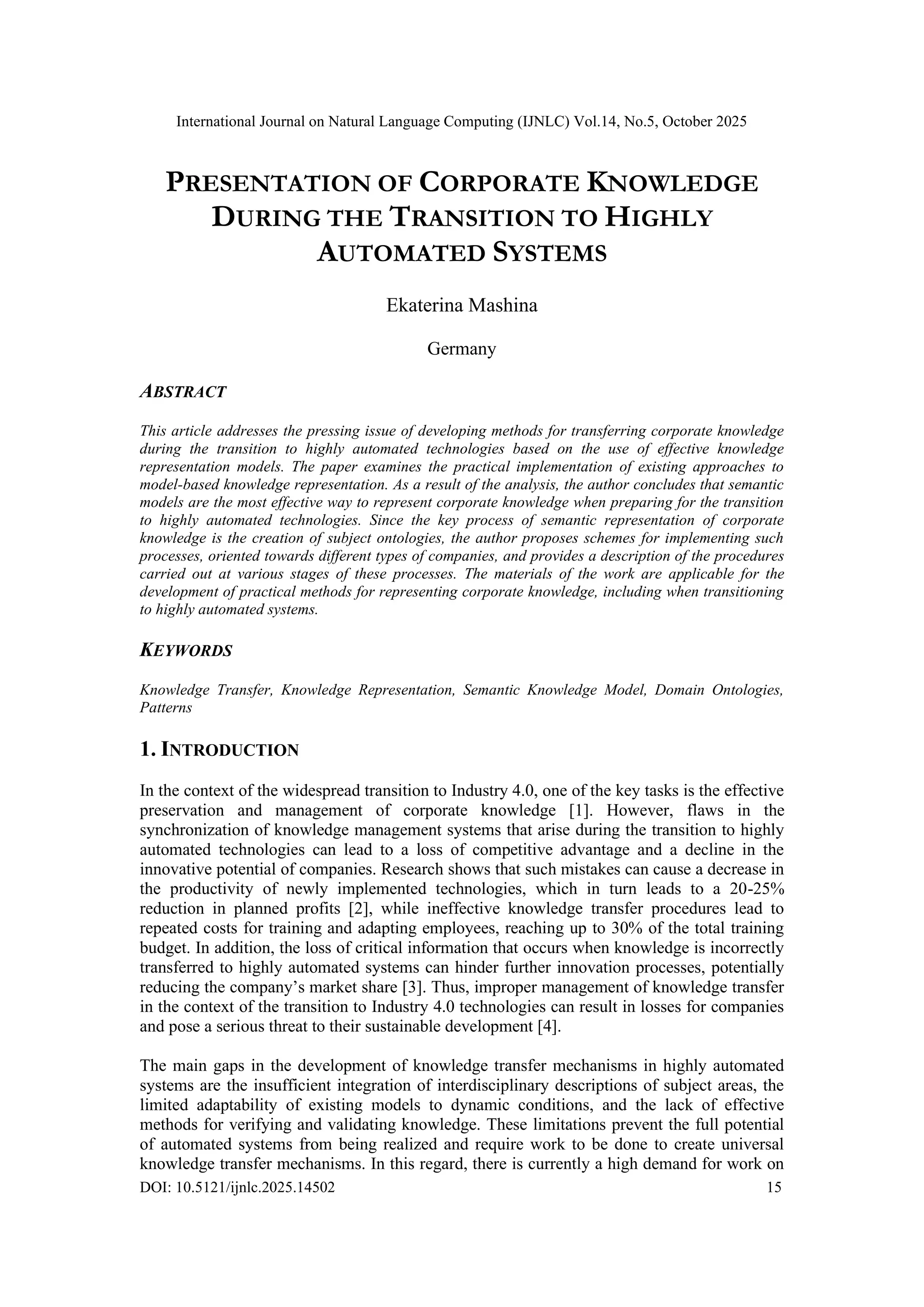 Presentation of Corporate Knowledge During the Transition to Highly ...