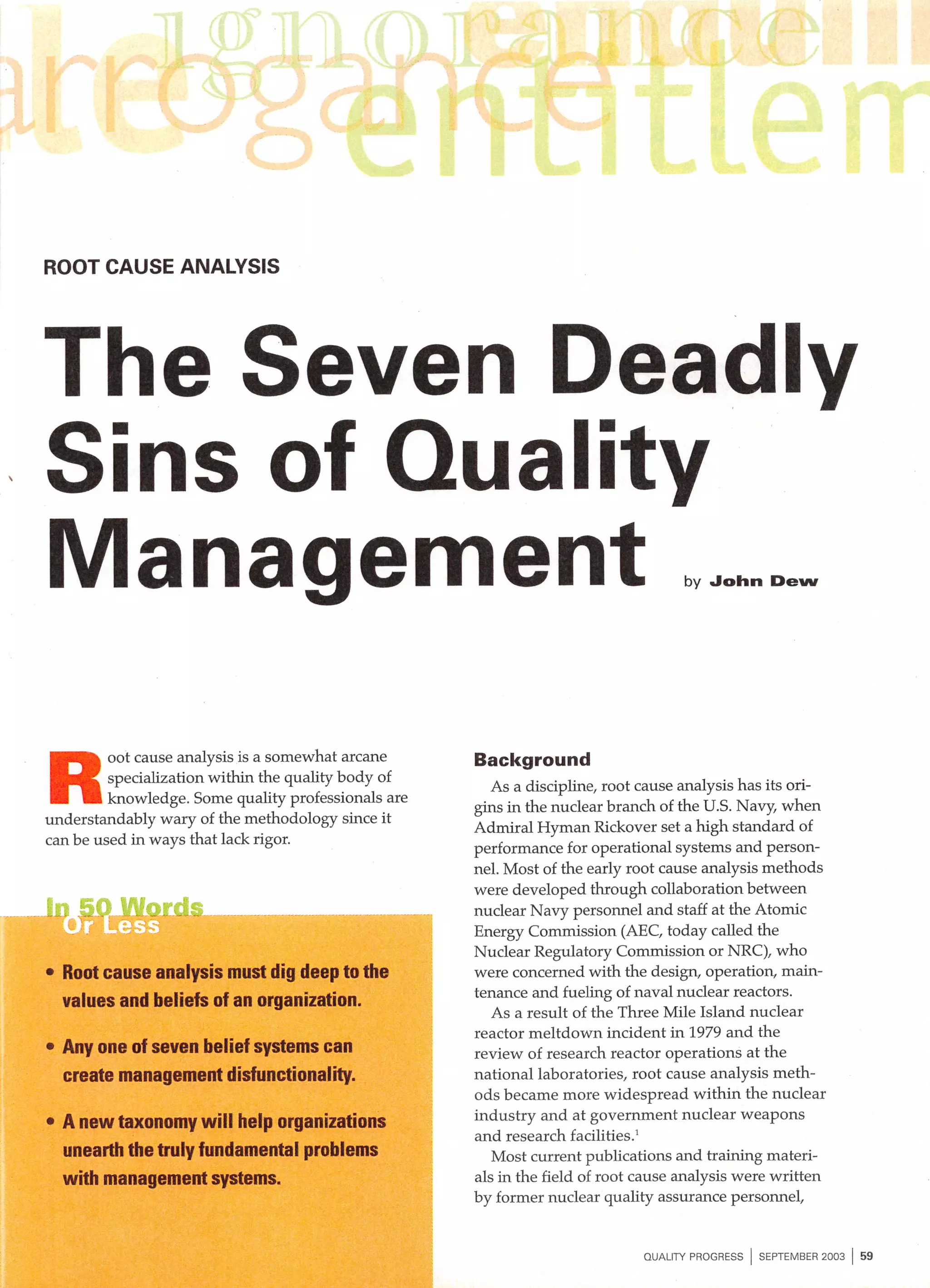 The Seven Deadly Sins of Quality Management Article | PDF