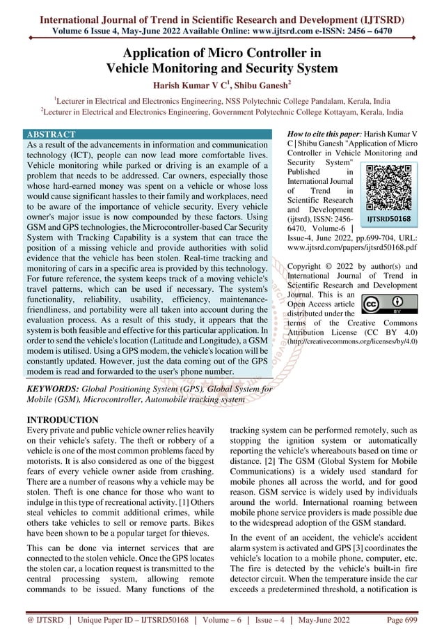 Application of Micro Controller in Vehicle Monitoring and Security System | PDF