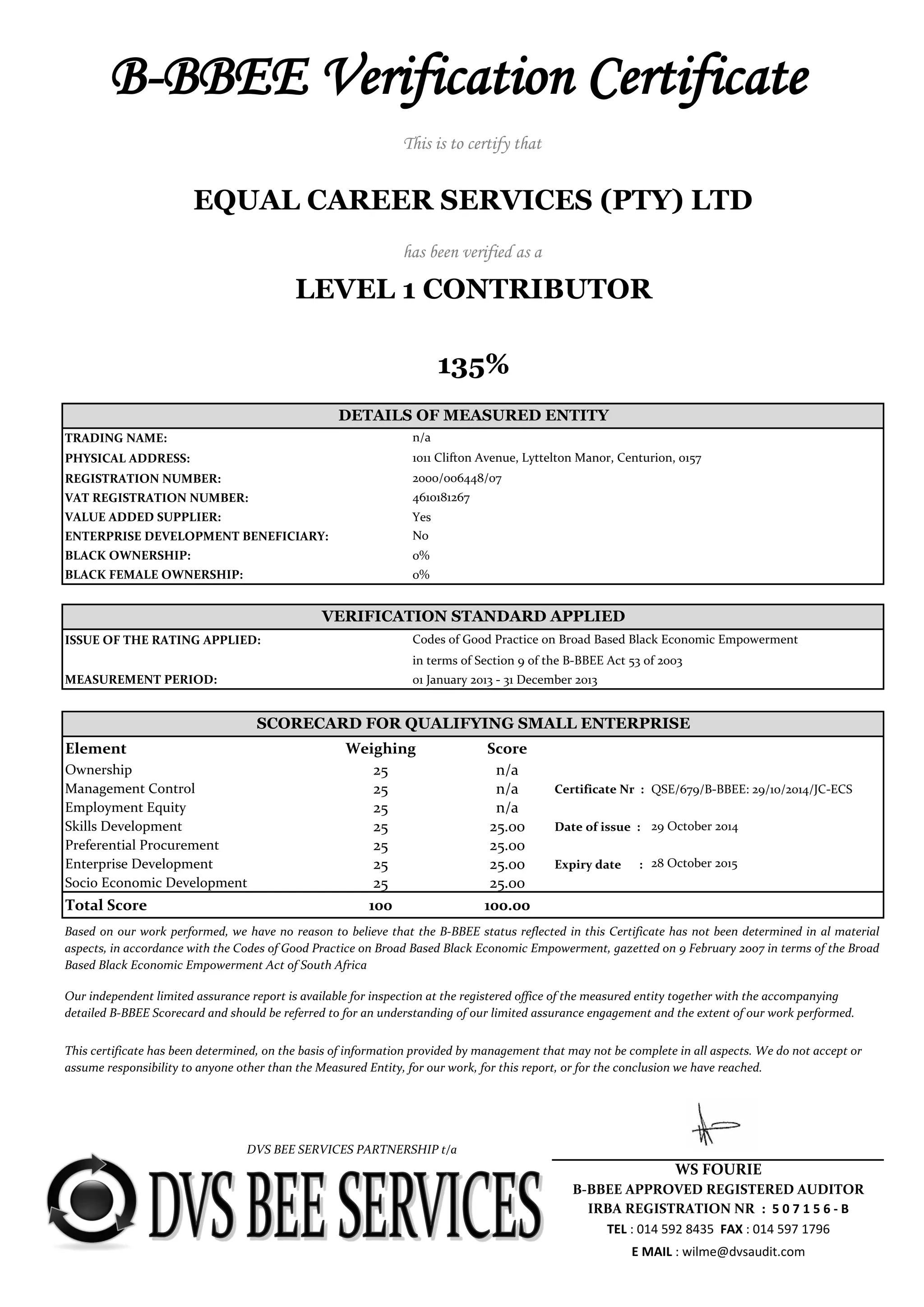 ECS B-BBEE Certificate 2014 | PDF