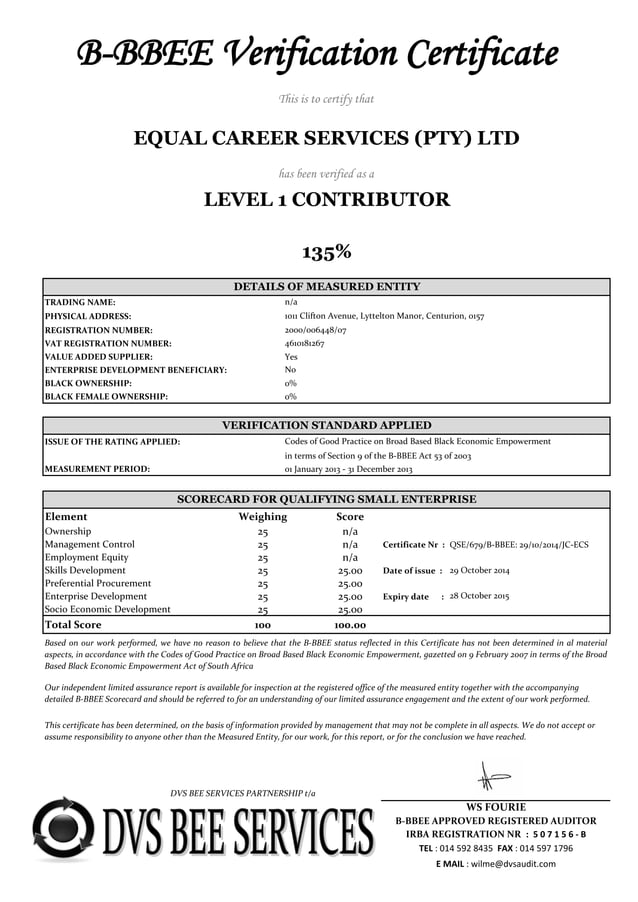 ECS B-BBEE Certificate 2014 | PDF