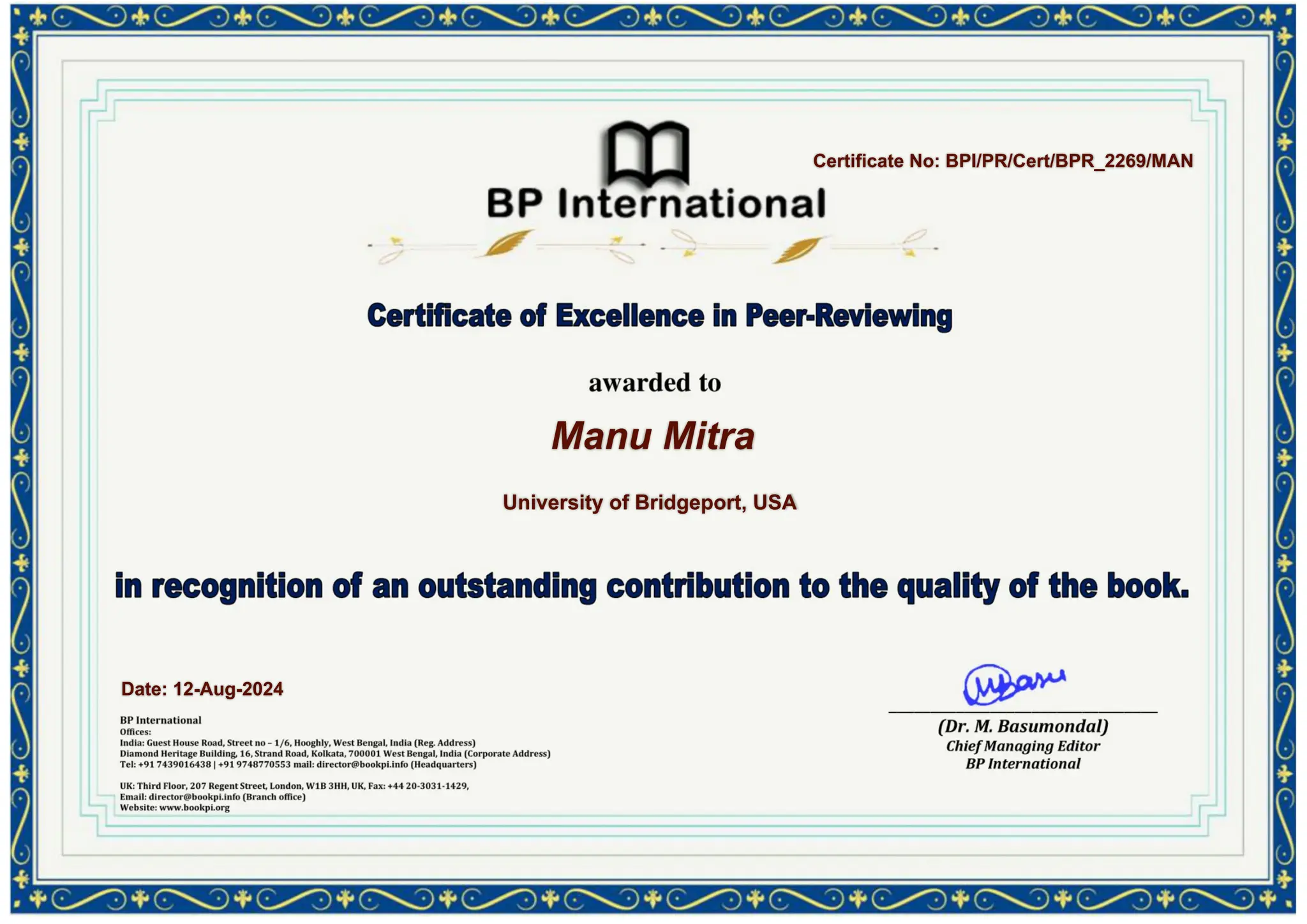 146. Reviewer Certificate in BP International | PDF