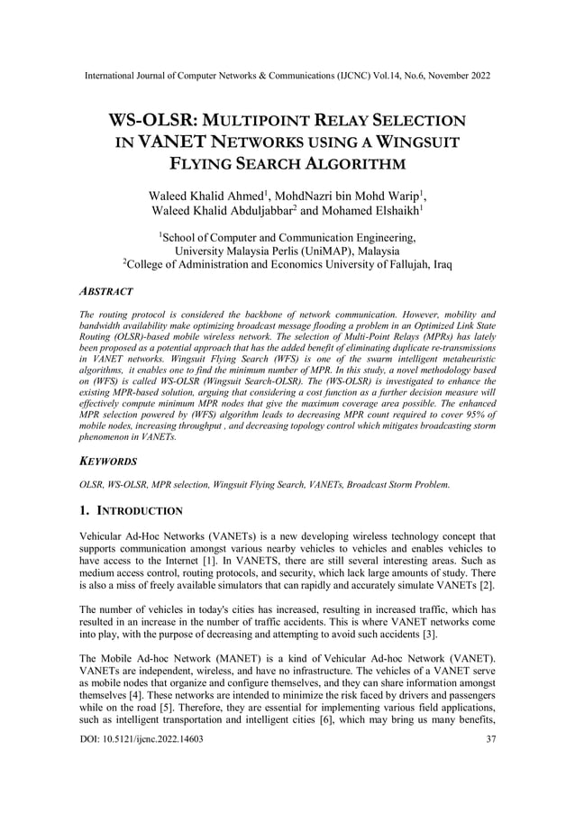 WS-OLSR: MULTIPOINT RELAY SELECTION IN VANET NETWORKS USING A WINGSUIT FLYING SEARCH ALGORITHM | PDF