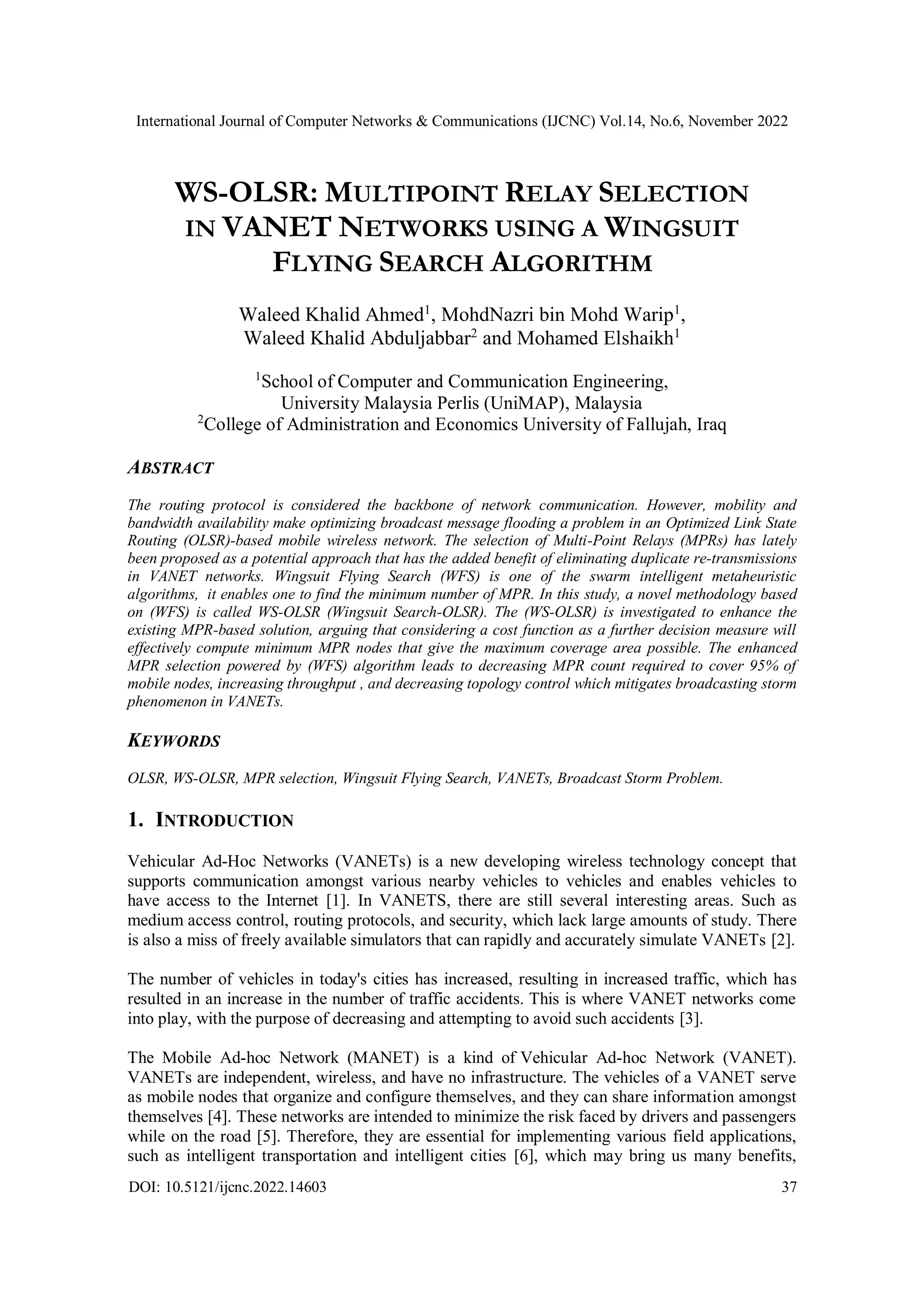 WS-OLSR: Multipoint Relay Selection in VANET Networks using a Wingsuit Flying Search Algorithm | PDF