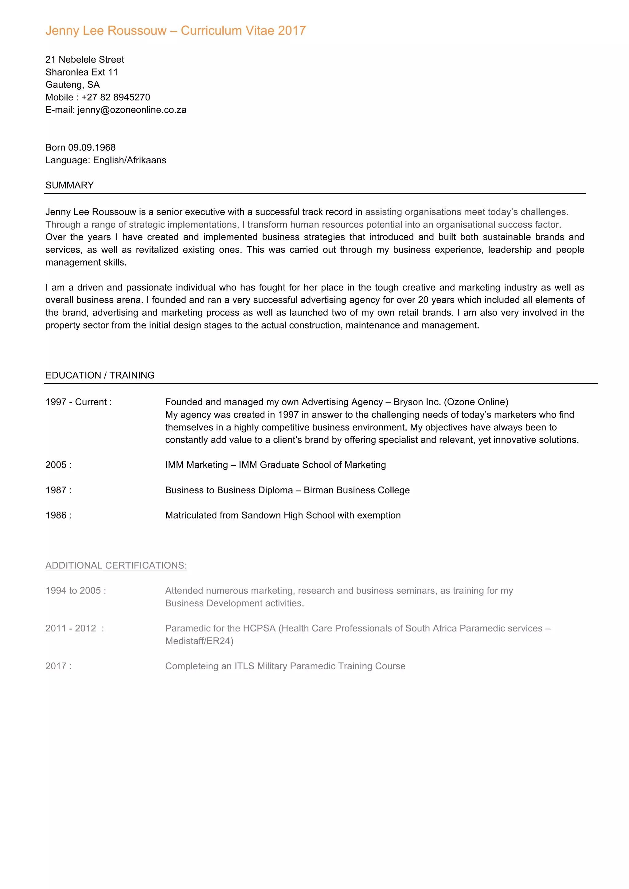 Jenny Roussouw CV 2017 | PDF