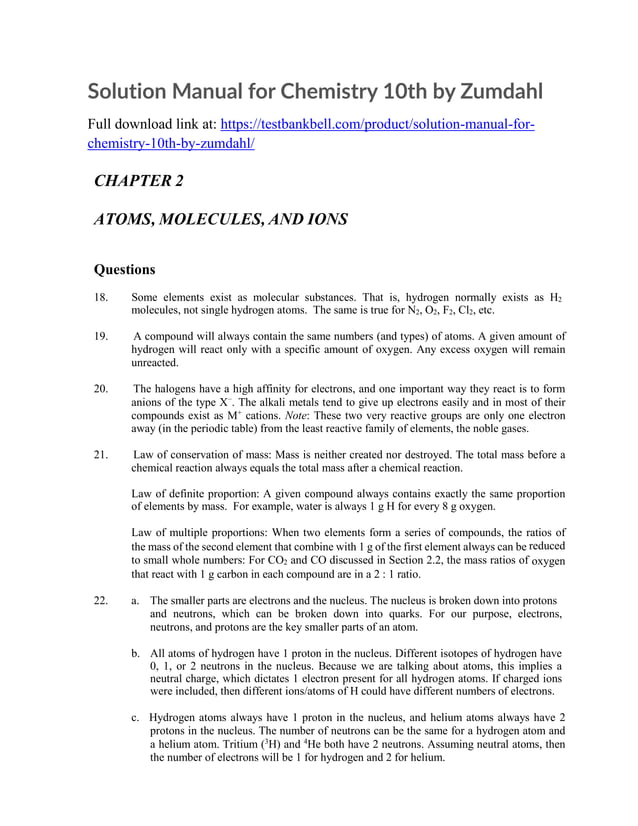 Solution Manual for Chemistry 10th by Zumdahl | PDF