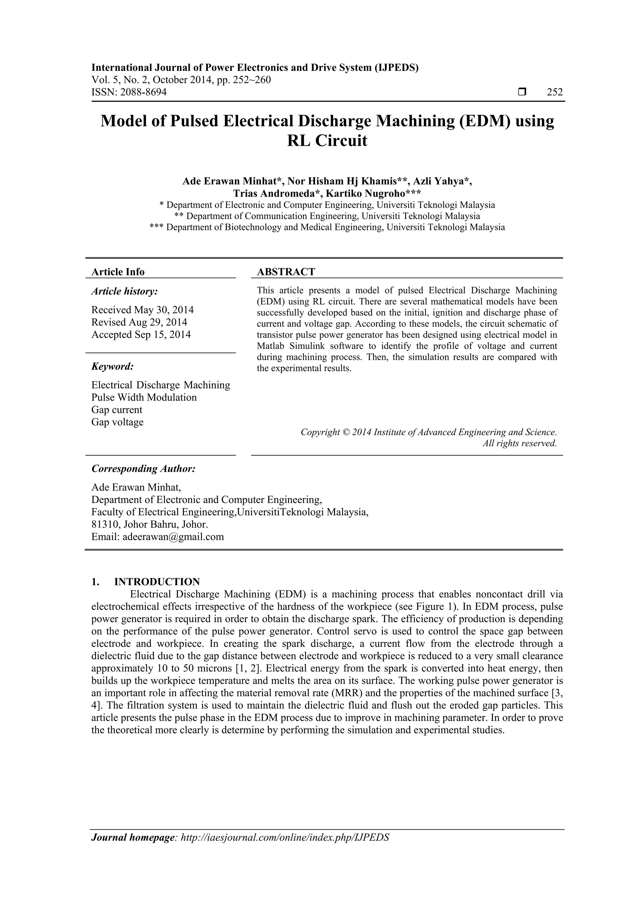 Model Of Pulsed Electrical Discharge Machining Edm Using Rl Circuit Pdf