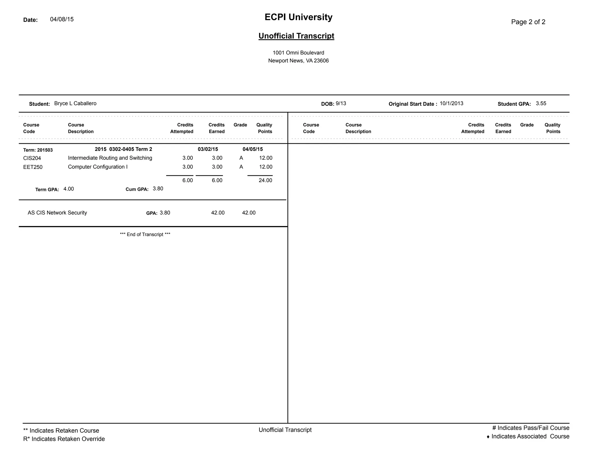 ECPI - Unofficial Transcript | PDF | Educational Assessment | Education