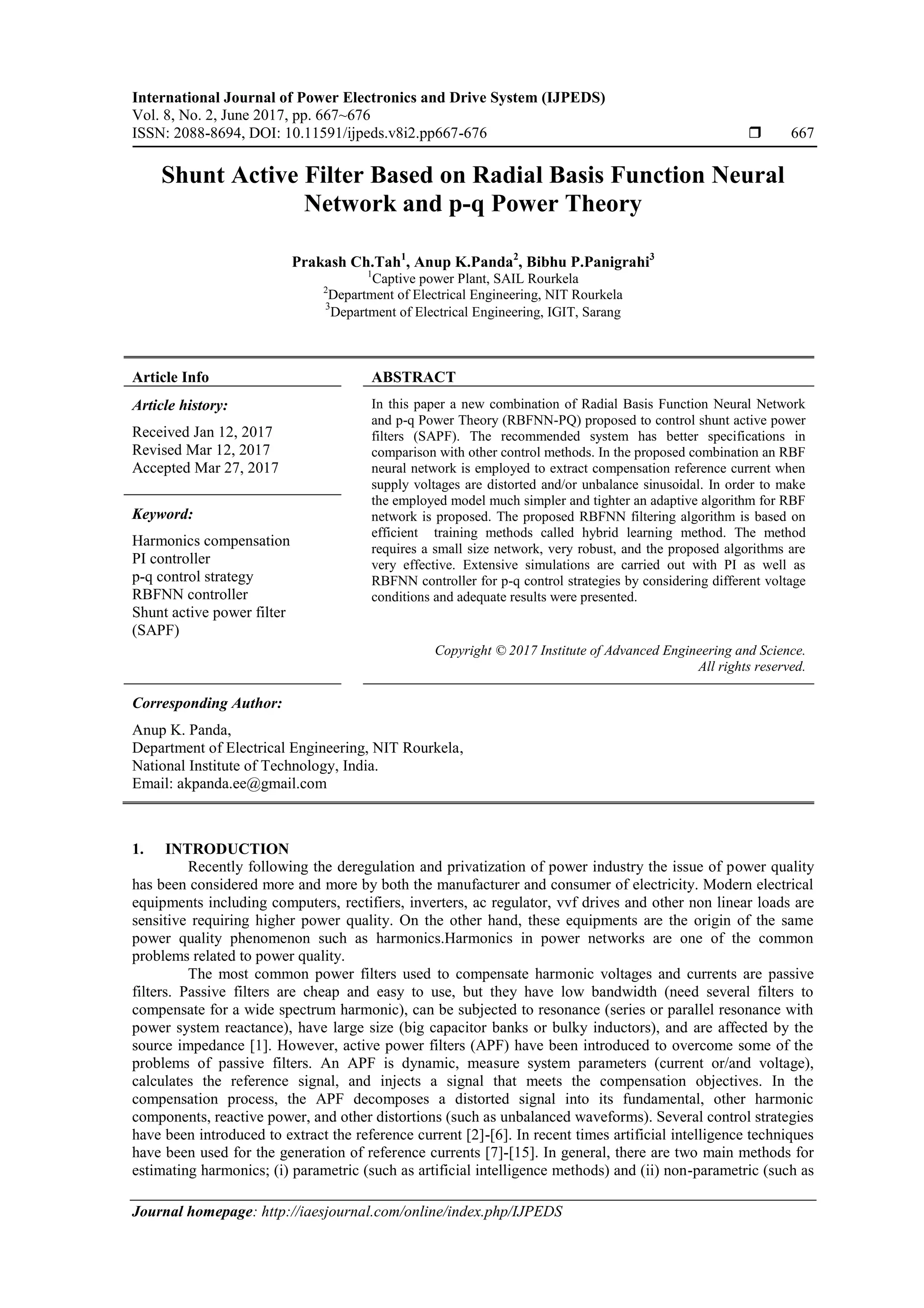Shunt Active Filter Based on Radial Basis Function Neural Network and p ...
