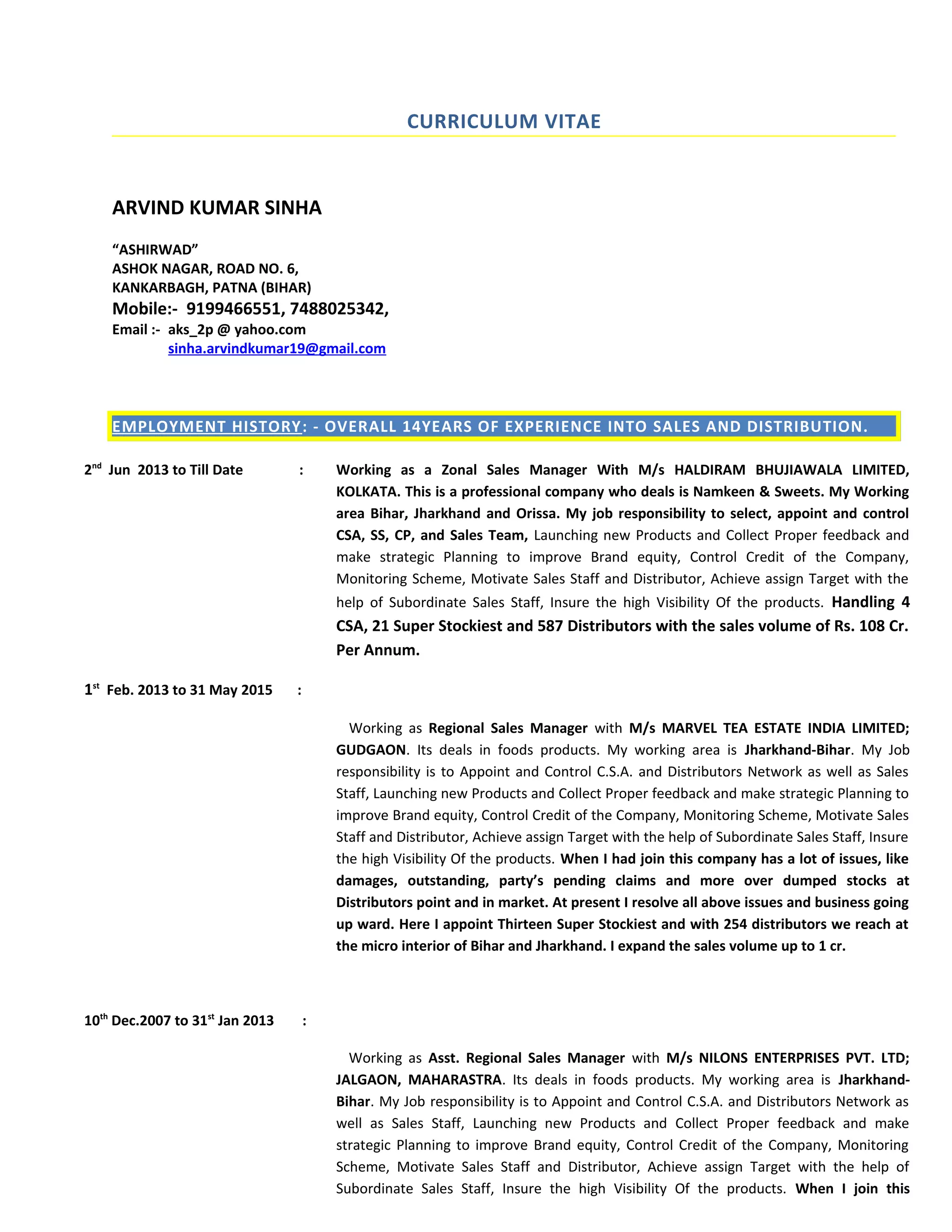 Resume ARVIND KUMAR SINHA 3 f | DOC