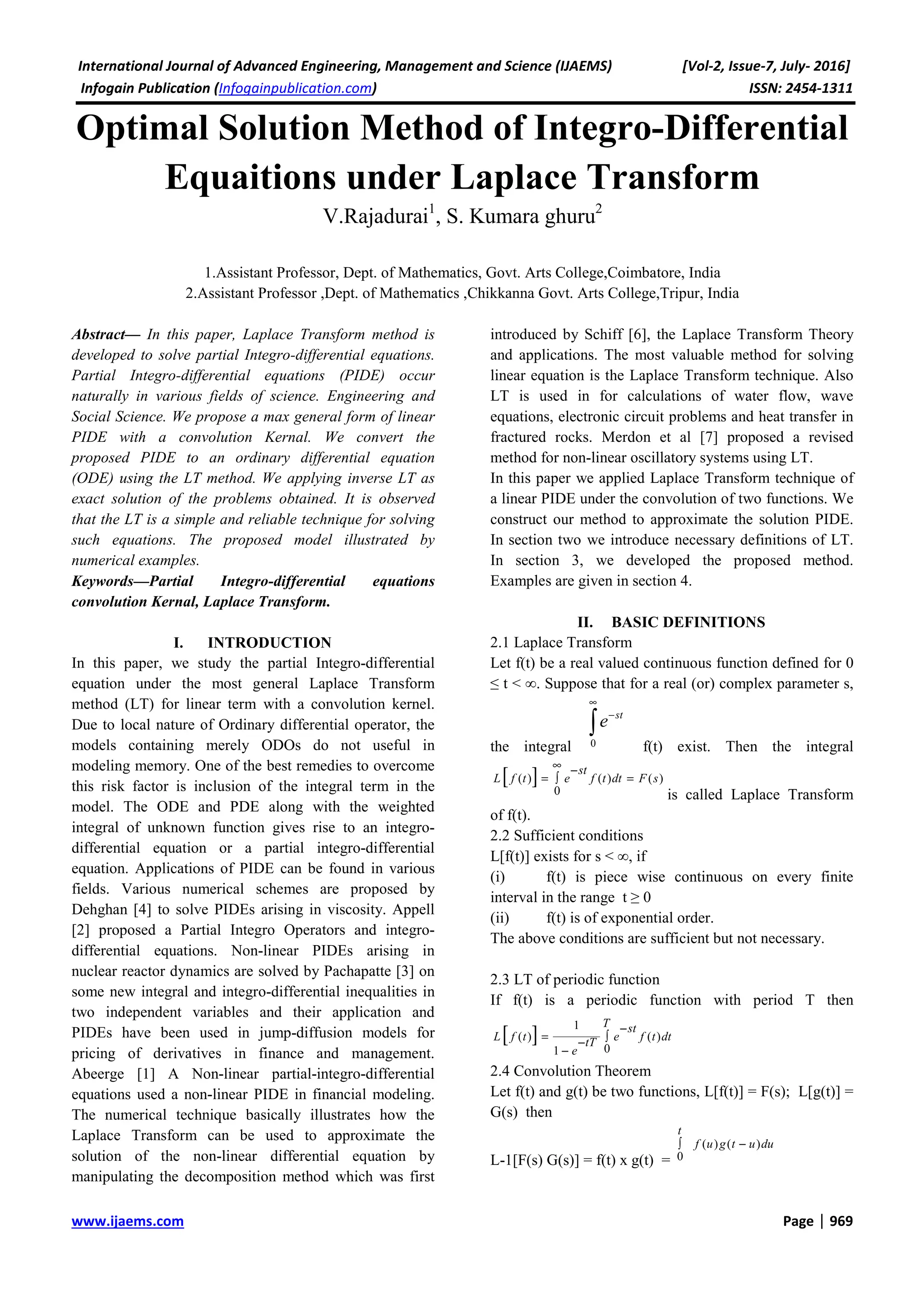 optimal solution method of integro-differential equaitions under laplace transform | PDF